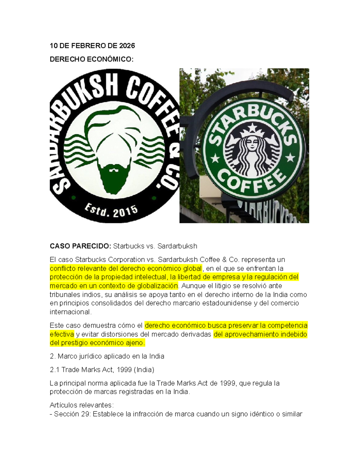 DERECHO ECONÓMICO: CASO STARBUCKS vs. SARDARBUKSH (2026) - Studocu