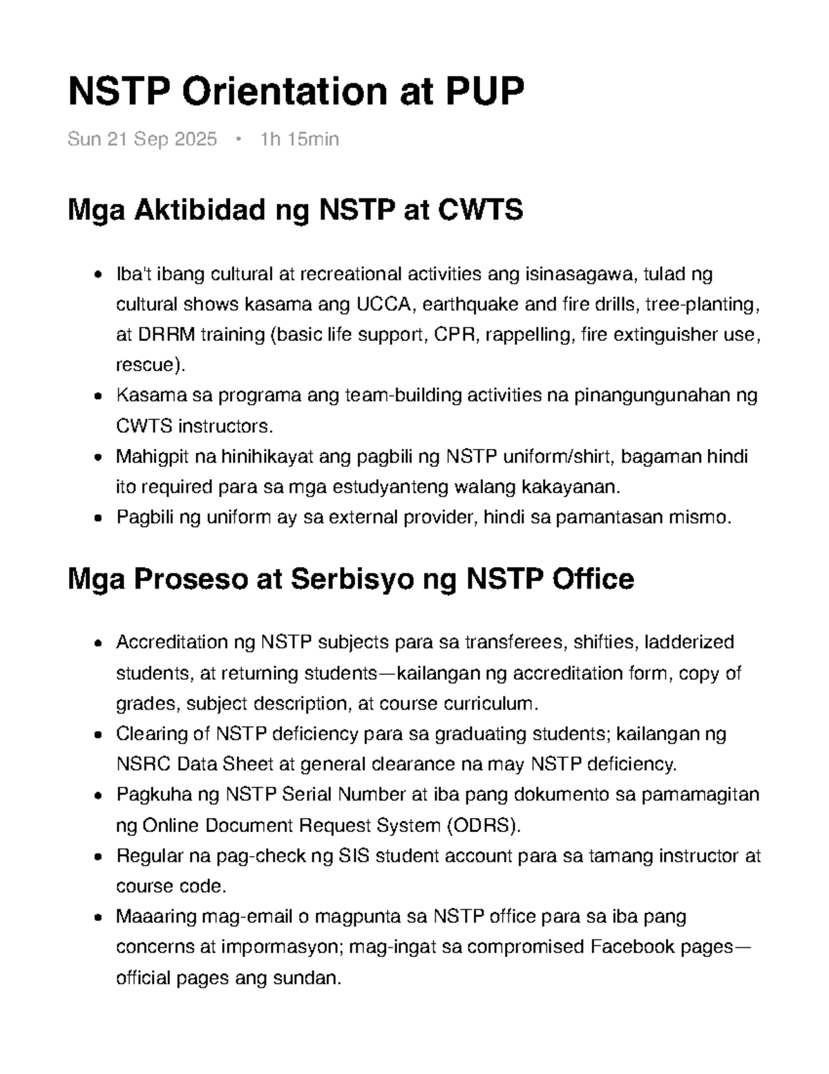 NSTP Orientation Overview at PUP: Activities & Services - Studocu