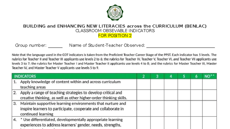 Benlac Rating Sheet: Classroom Observable Indicators Assessment - Studocu