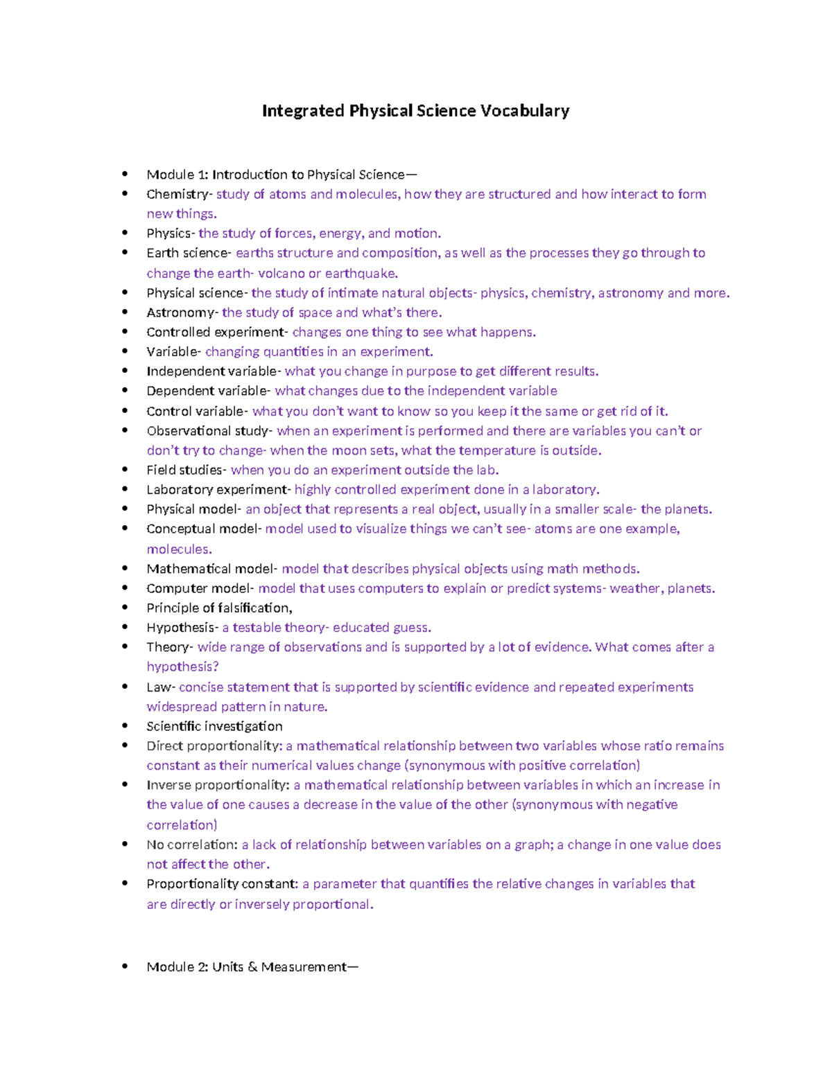 Integrated Physical Science Vocabulary: Modules 1-11 Overview - Studocu