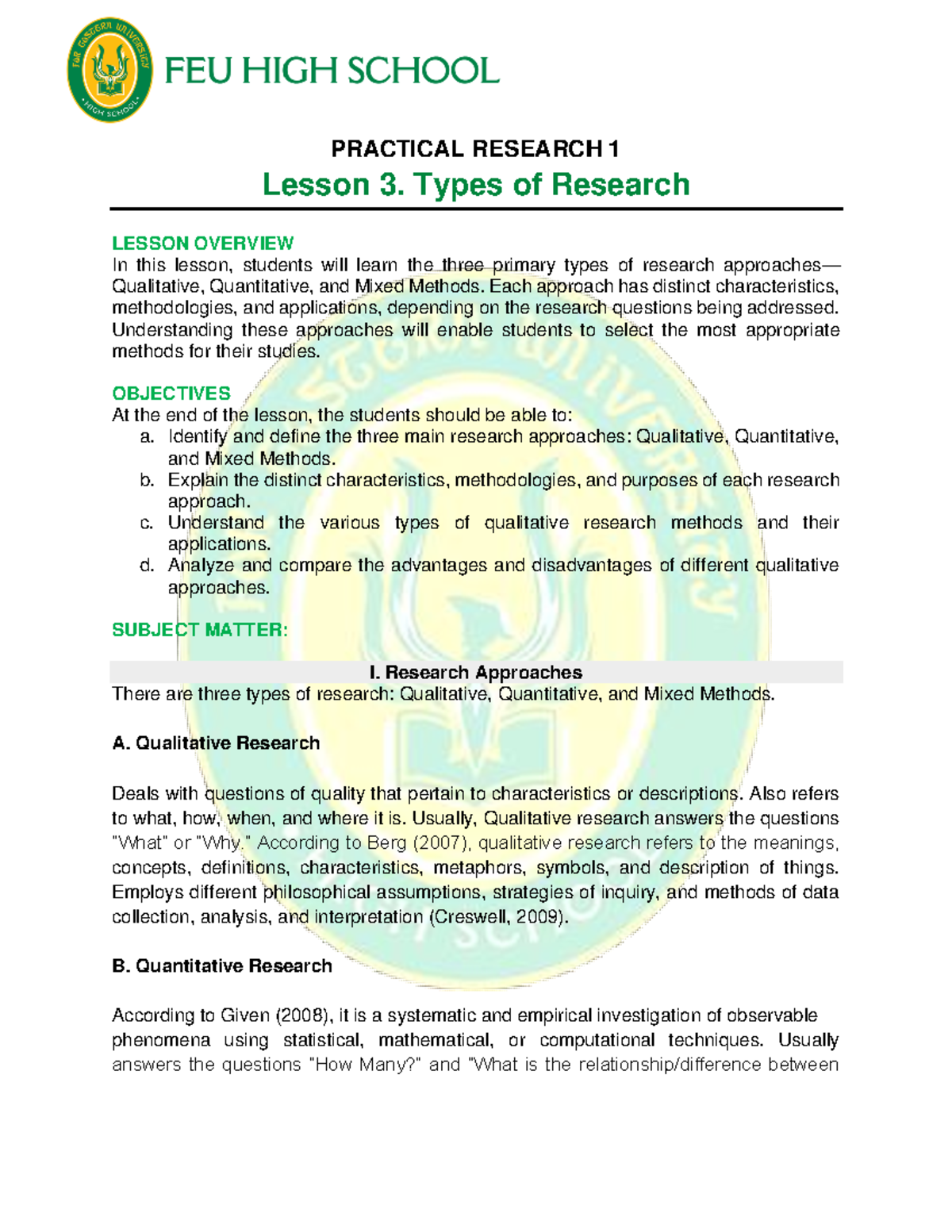 Lesson 03 - Types of Research - PRACTICAL RESEARCH 1 Lesson 3. Types of ...