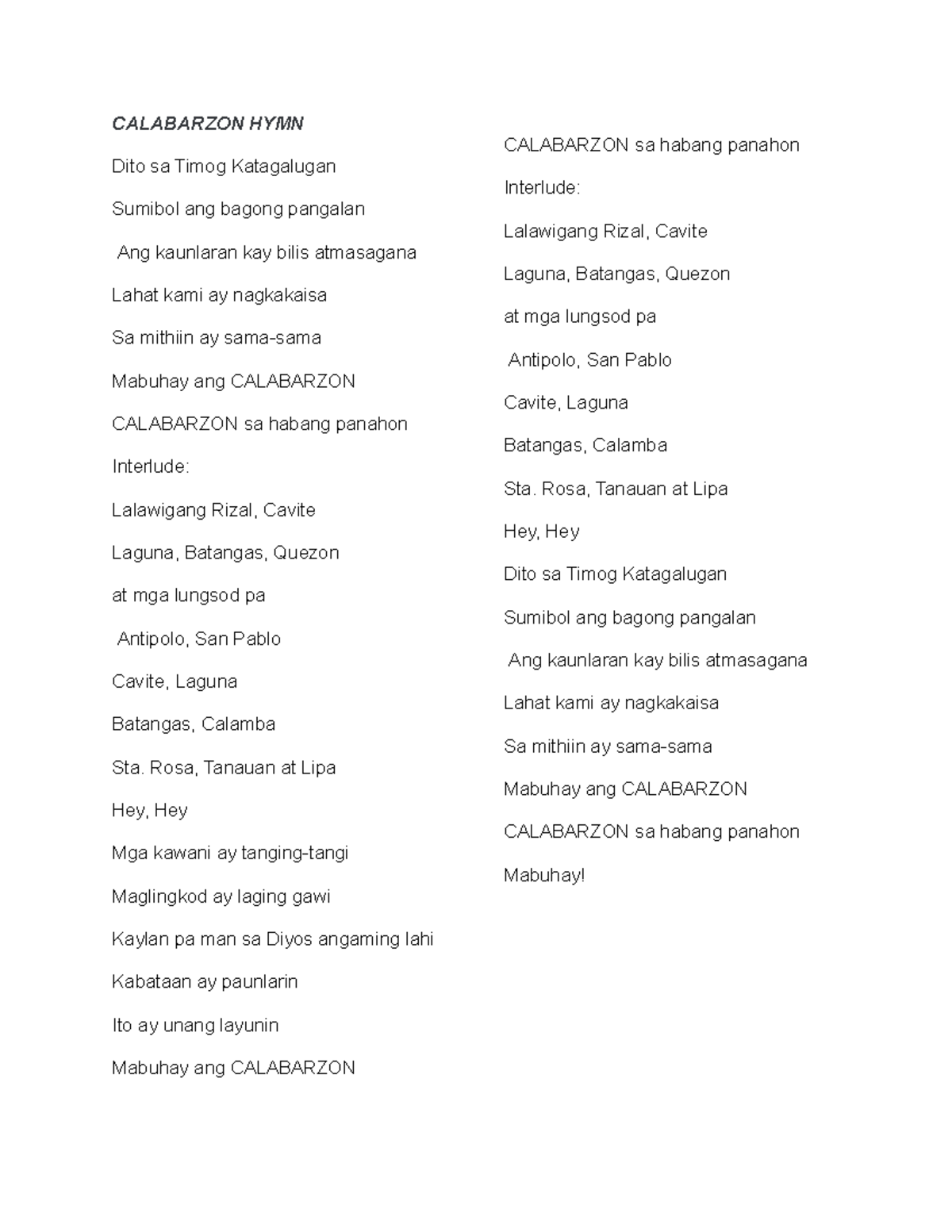 Calabarzon Hymn and Laguna March - Teaching Materials - Studocu