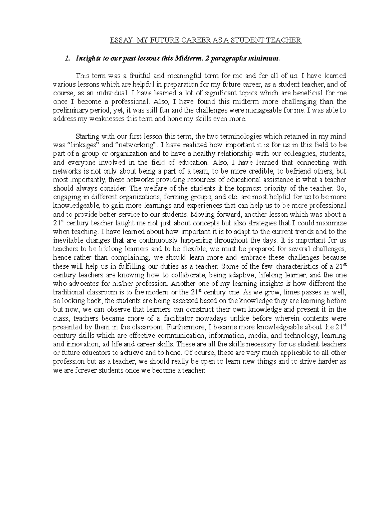 Essay: My Future Career as a Student Teacher - ESSAY: MY FUTURE CAREER ...