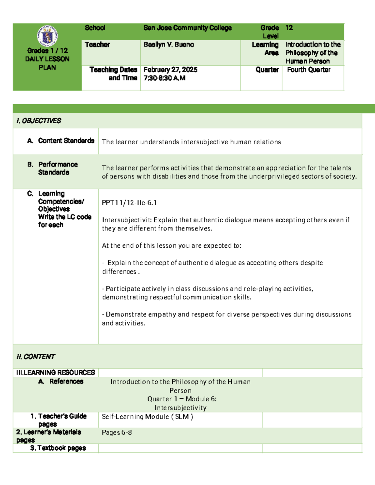 Grades 1-12 Daily Lesson Plan: Module 6 on Intersubjectivity - Studocu