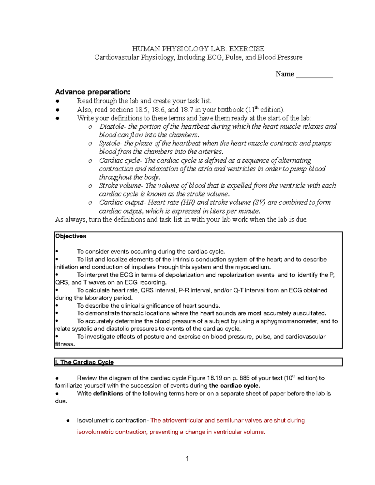 Cardiovascular Physiology Lab Exercise Sp22: ECG, Pulse & Blood ...