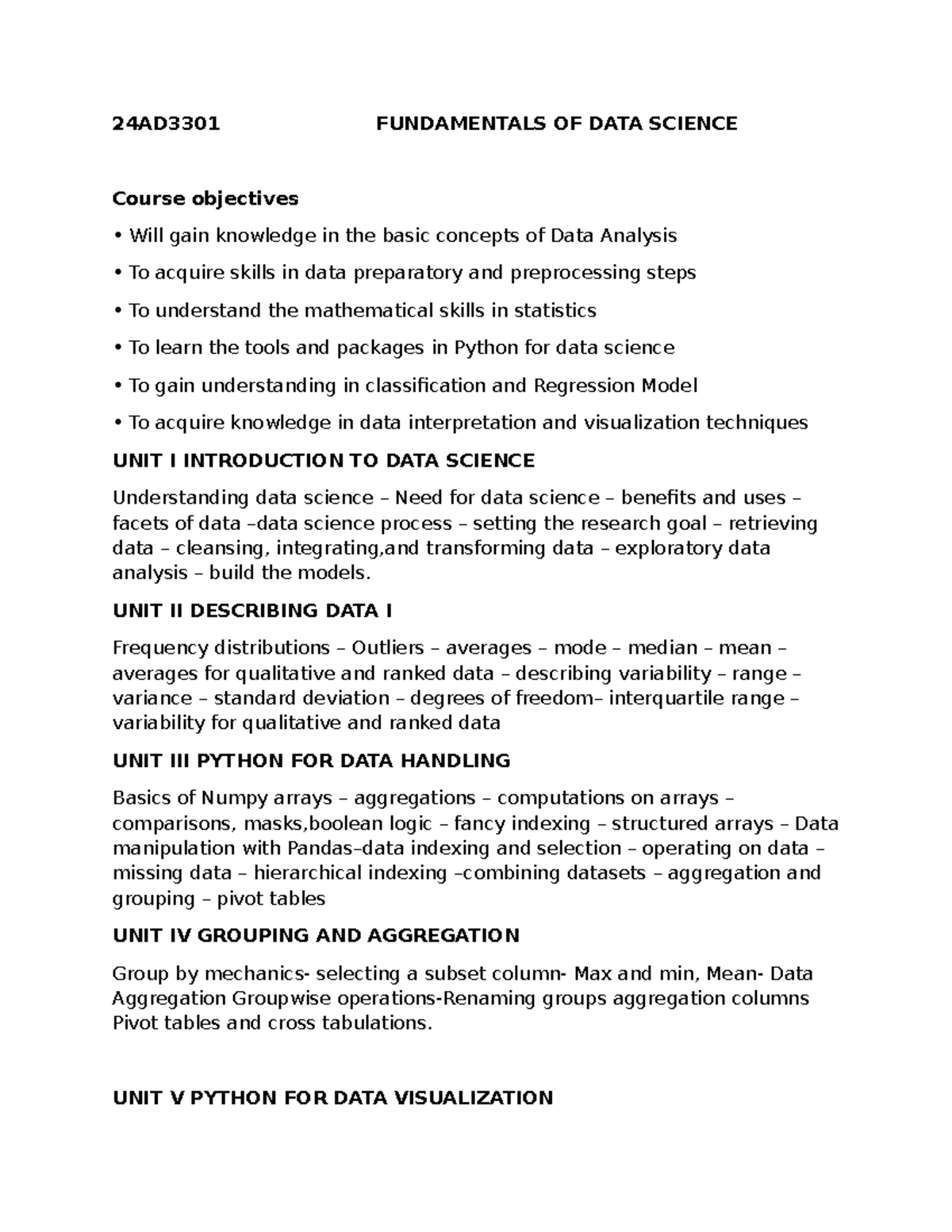 24AD3301 FUNDAMENTALS OF DATA SCIENCE Syllabus Overview - Studocu