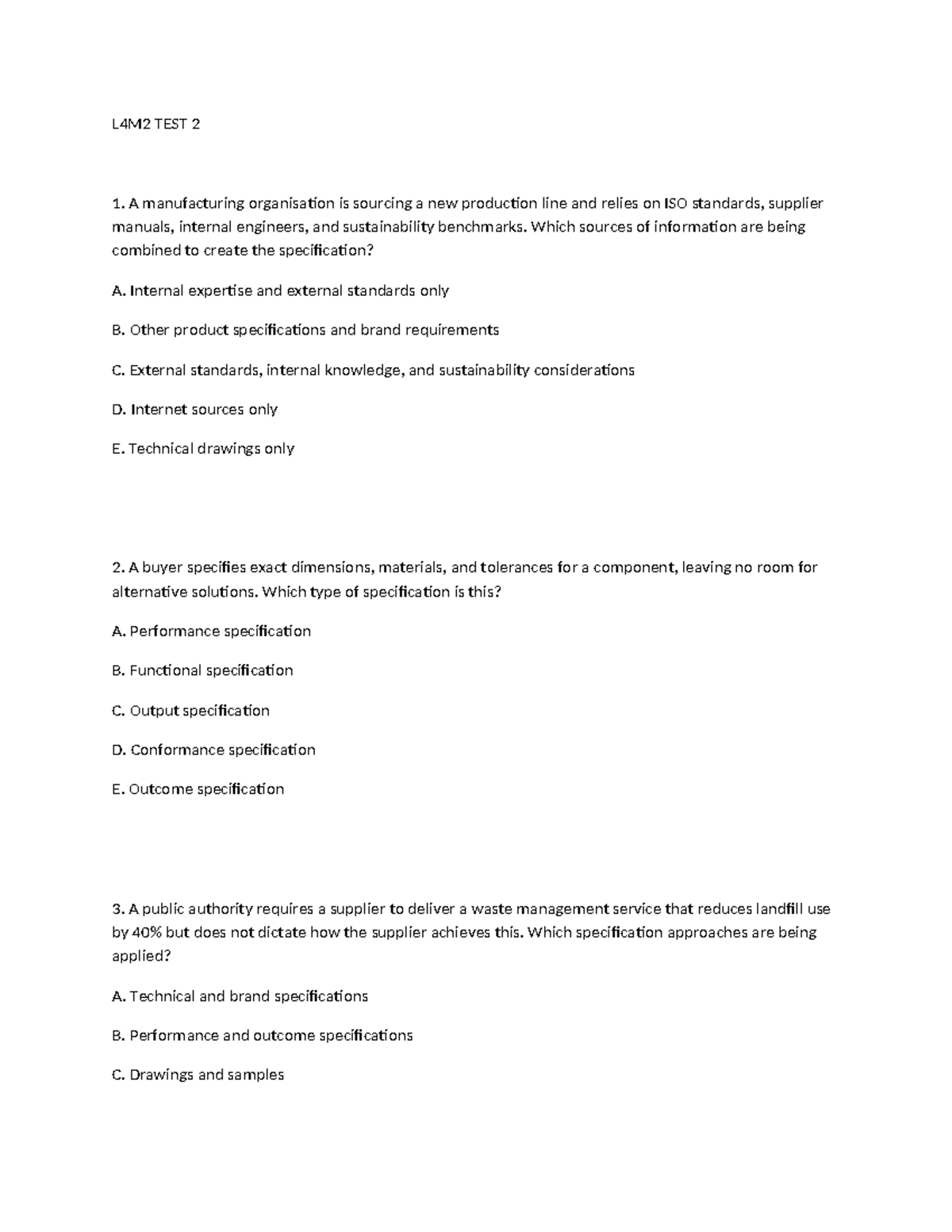 L4M2 TEST 2 - CIPS Level 4 Practice Test on Specifications - Studocu