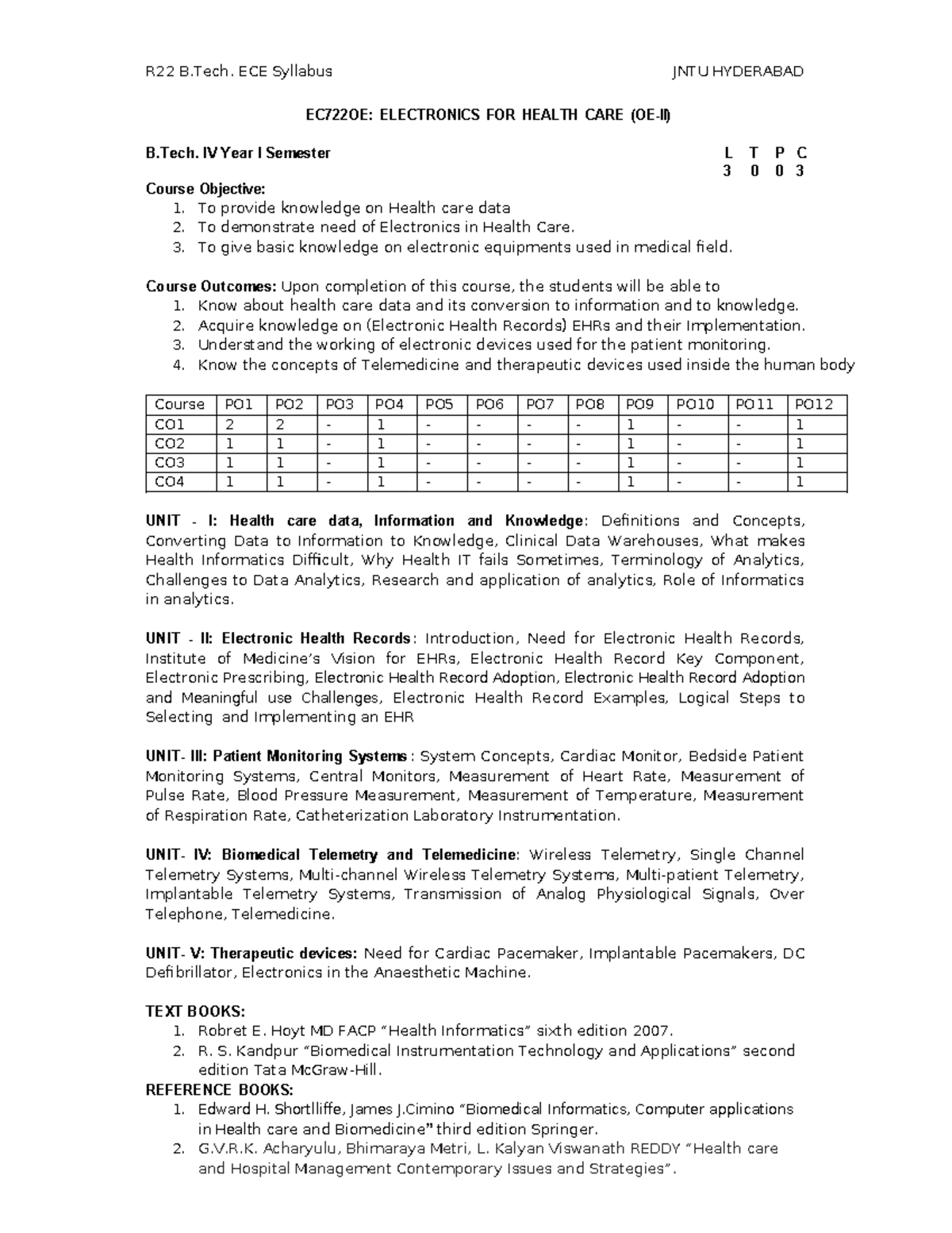R22 B.Tech. ECE EC722OE: Electronics in Health Care Syllabus - Studocu