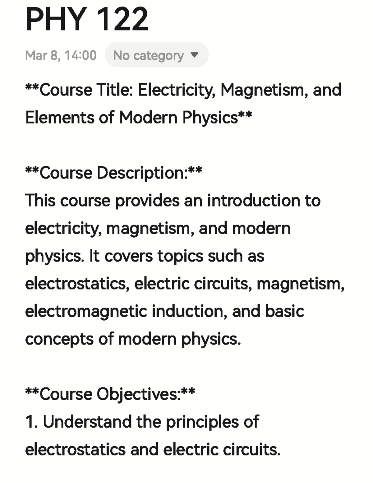 Physics 122 Course Outline: Key Topics and Schedule Overview - Studocu