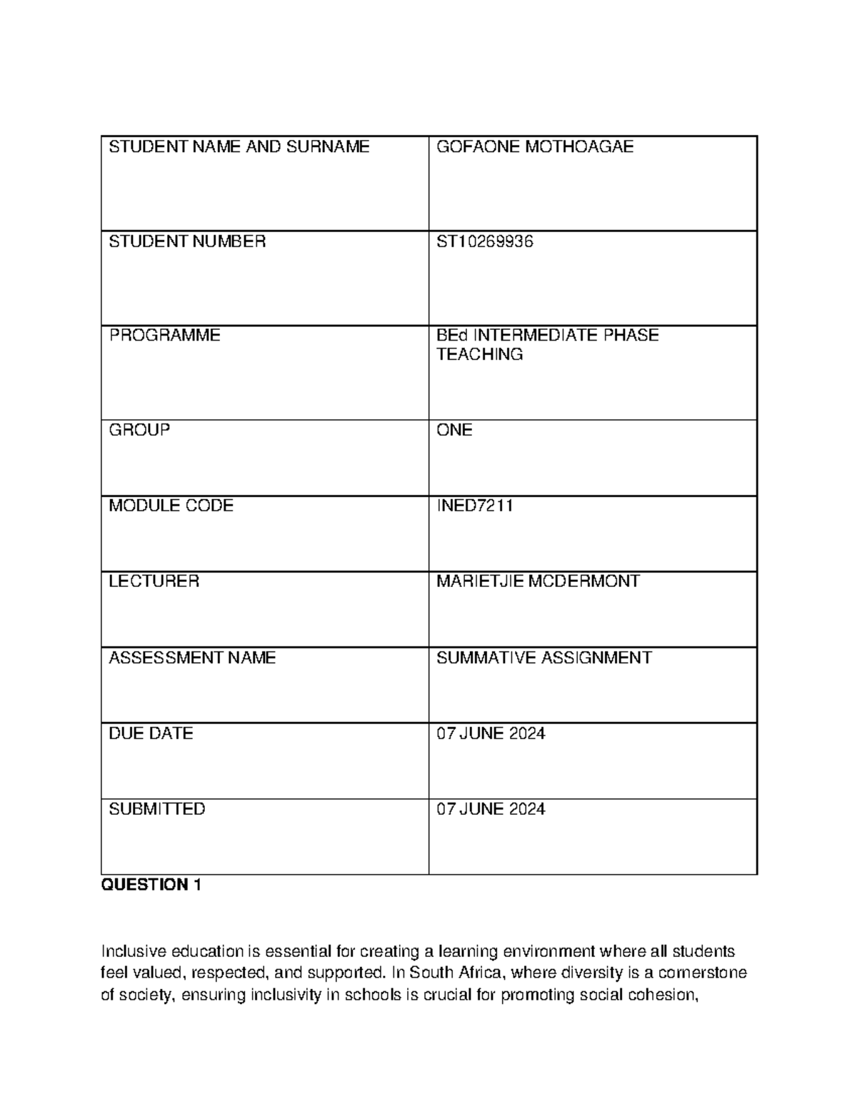 INED7211 Final Assignment: Strategies for Inclusive Education - Studocu