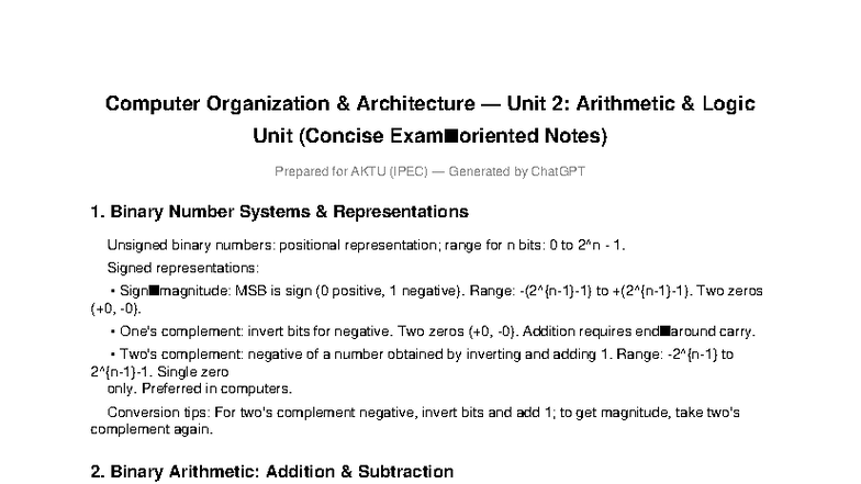 COA Unit 2: Arithmetic Logic Unit Concise Notes for IPEC AKTU - Studocu