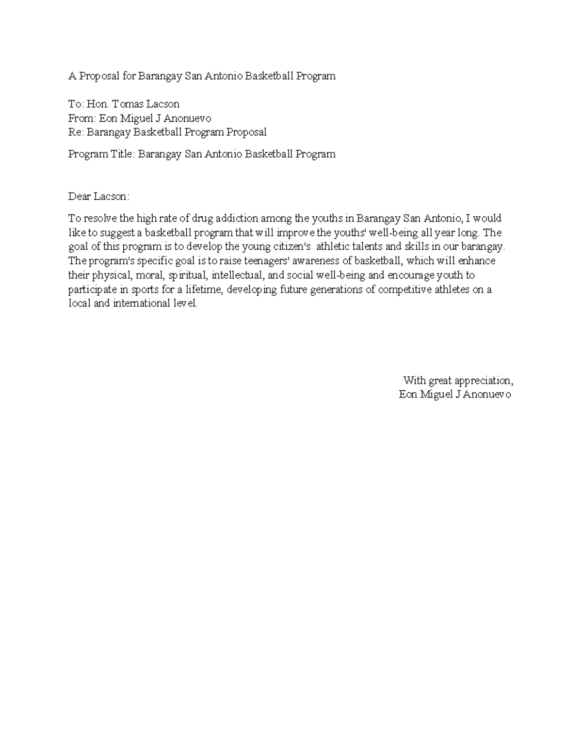 Proposal for Barangay San Antonio Basketball Program Initiative - Studocu