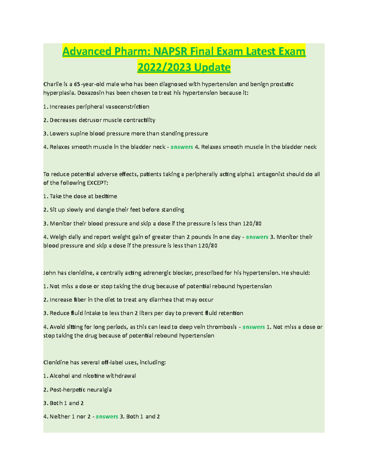 Advanced Pharm: NAPSR Final Exam Study Guide 2023 - Studocu
