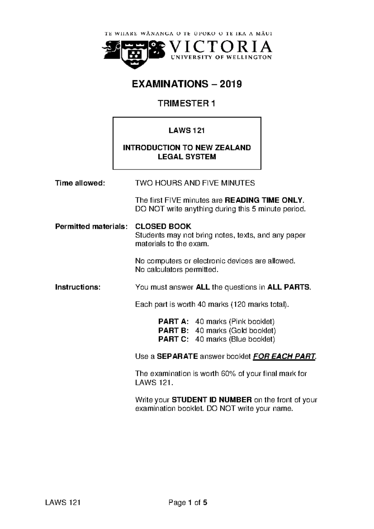 2019 LAWS 121 - Practice Exam for Introduction to NZ Legal System - Studocu