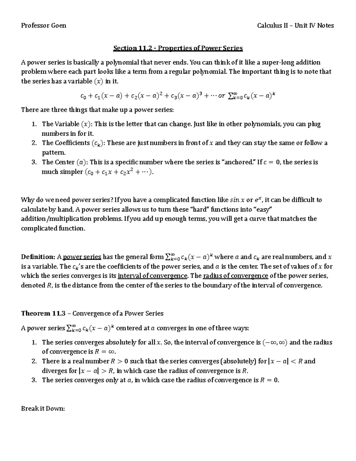 Calculus II (MATH 202) Unit IV Notes: Power Series Properties - Studocu