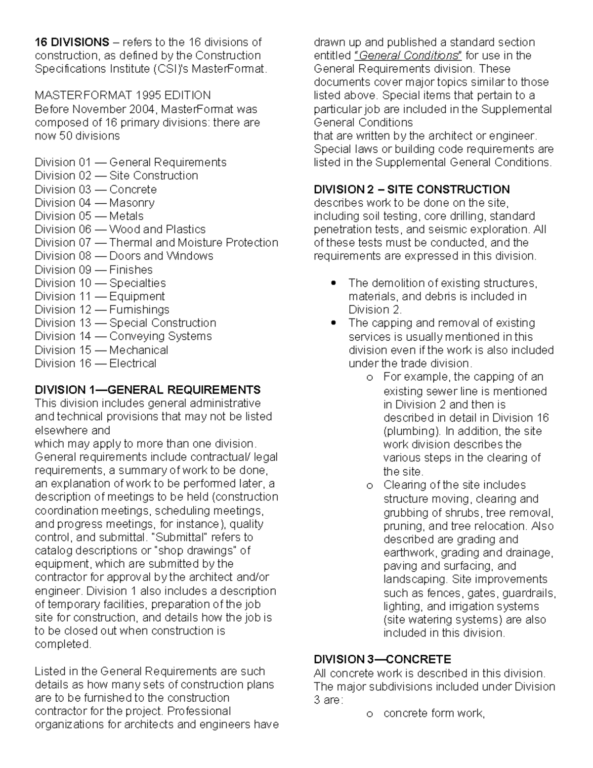 430044924 Overview of the 16 Divisions in Construction MasterFormat ...