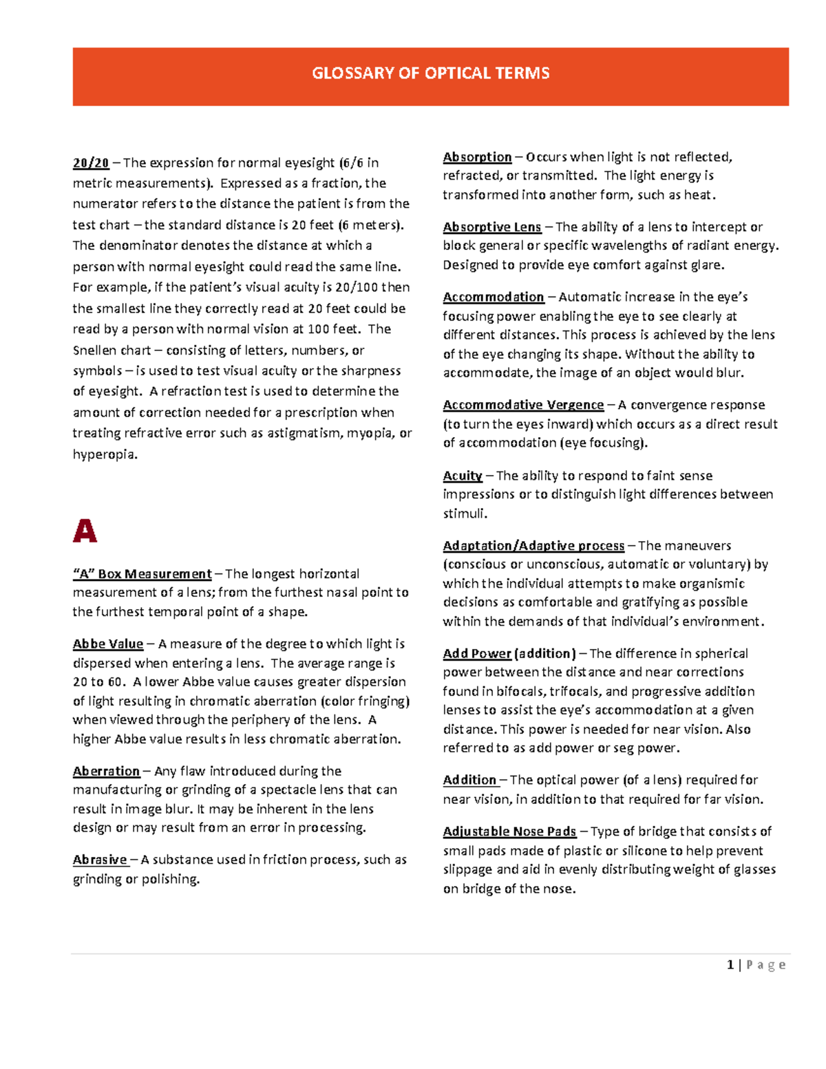 Glossary of Optical Terms for Optometry Professionals (OPT 101) - Studocu