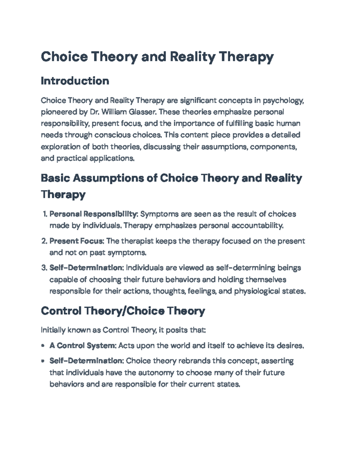 Choice Theory and Reality Therapy Overview (PSY 101) - Choice Theory ...