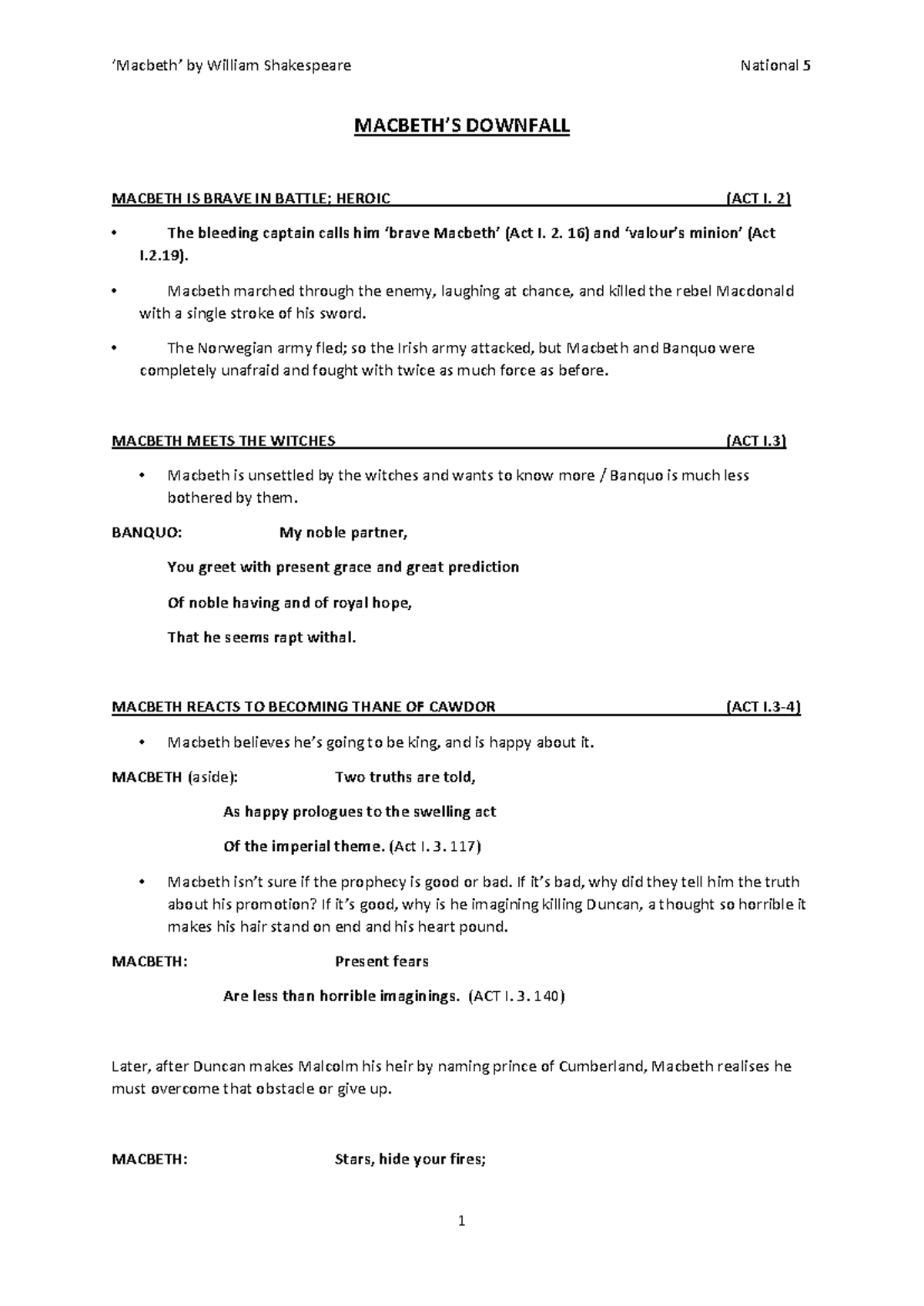 William Shakespeare National 5 Notes & Quotations on Macbeth's Downfall ...
