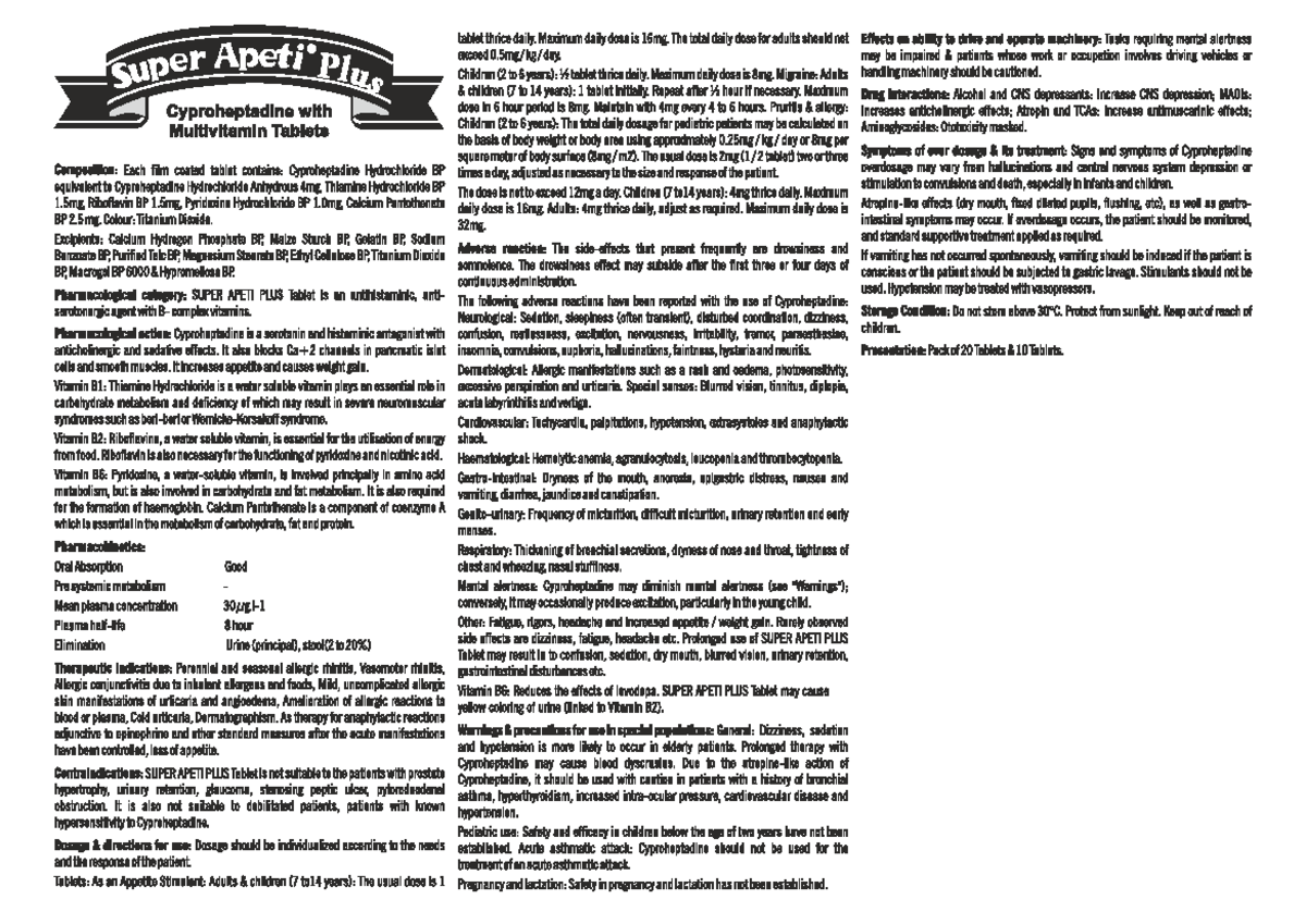 SUPER APETI PLUS Tablet: Dosage, Effects, and Warnings Summary - Studocu