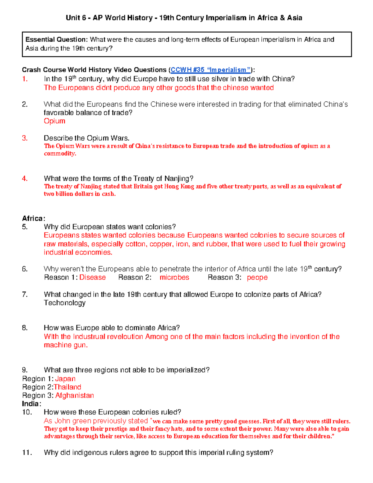 Unit 6 - AP World History - 19th Century Imperialism Study Questions ...