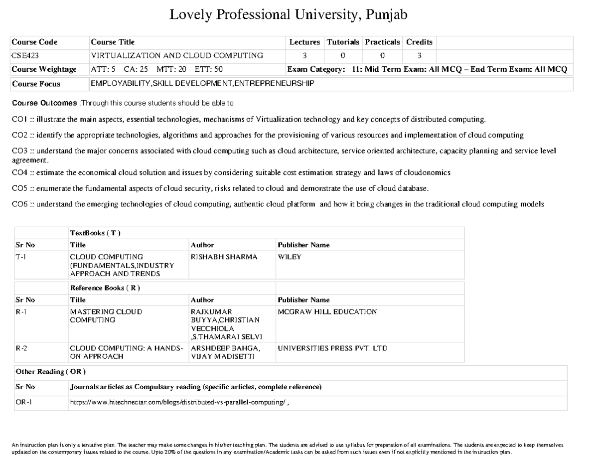 CSE423 Virtualization AND Cloud Computing - Lovely Professional University, Punjab Course Code ...