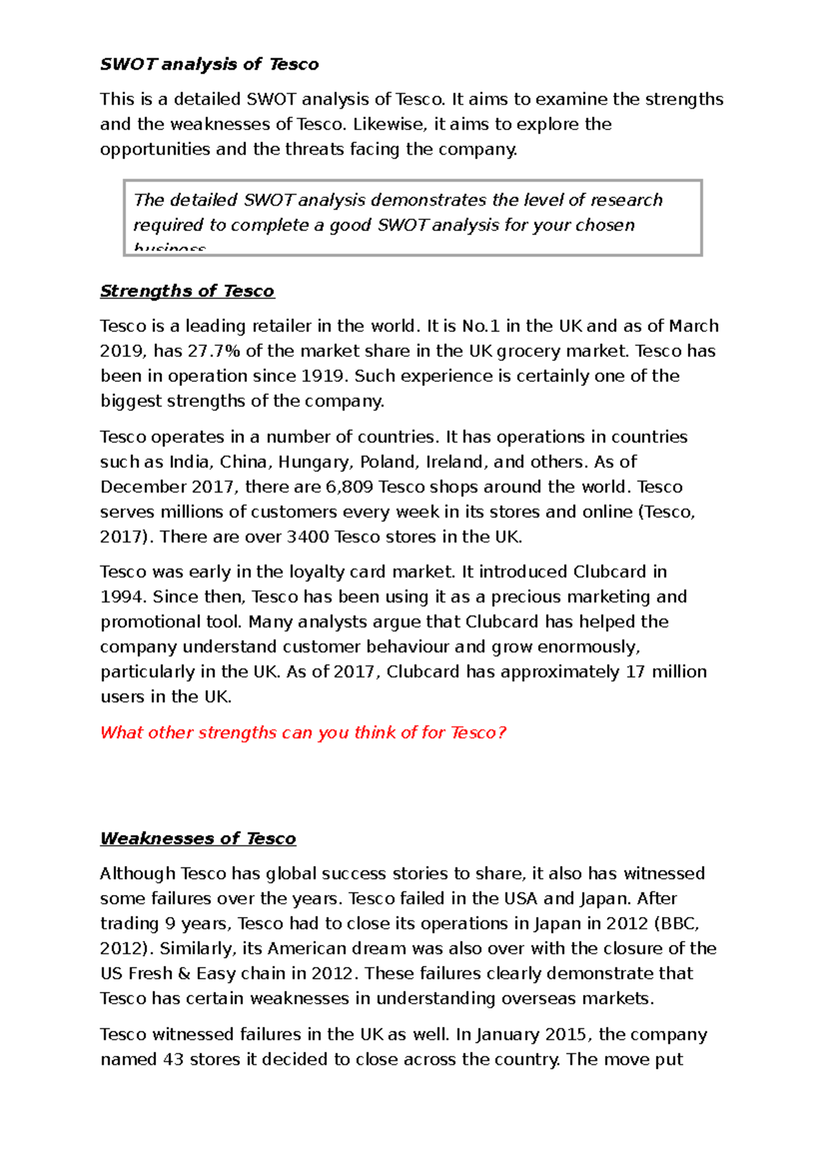 SWOT analysis of Tesco - It aims to examine the strengths and the ...