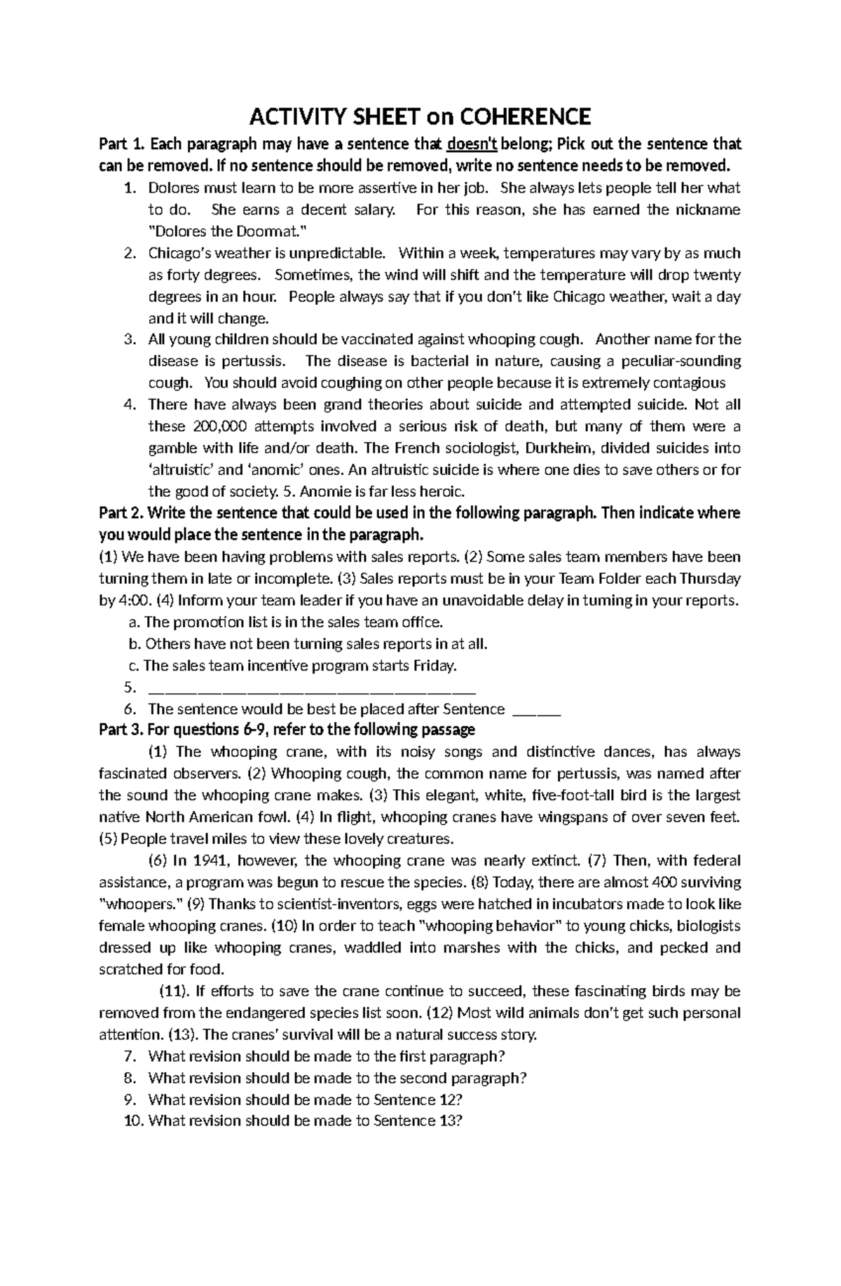 Activity Sheet on Coherence - ACTIVITY SHEET on COHERENCE Part 1. Each ...