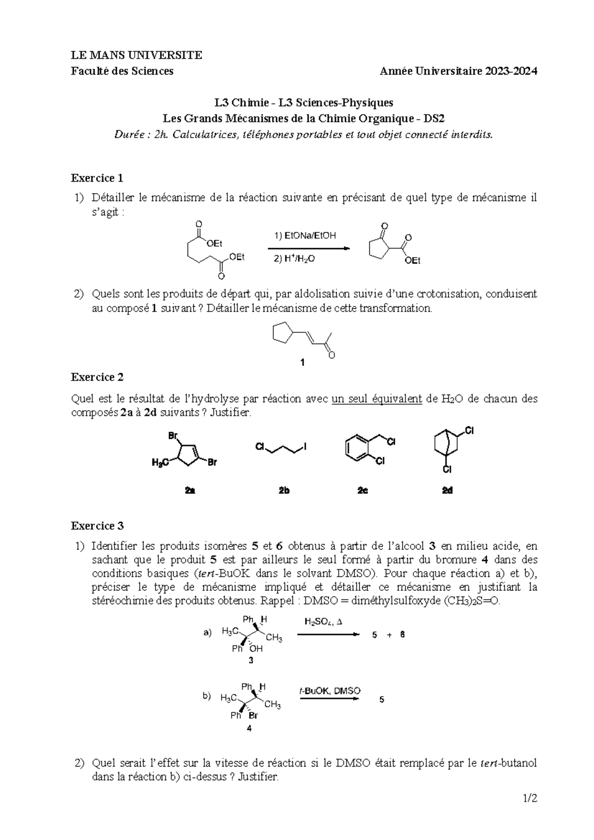 Chimie Organique L3 DS2 2023-2024: Mécanismes et Réactions - Studocu