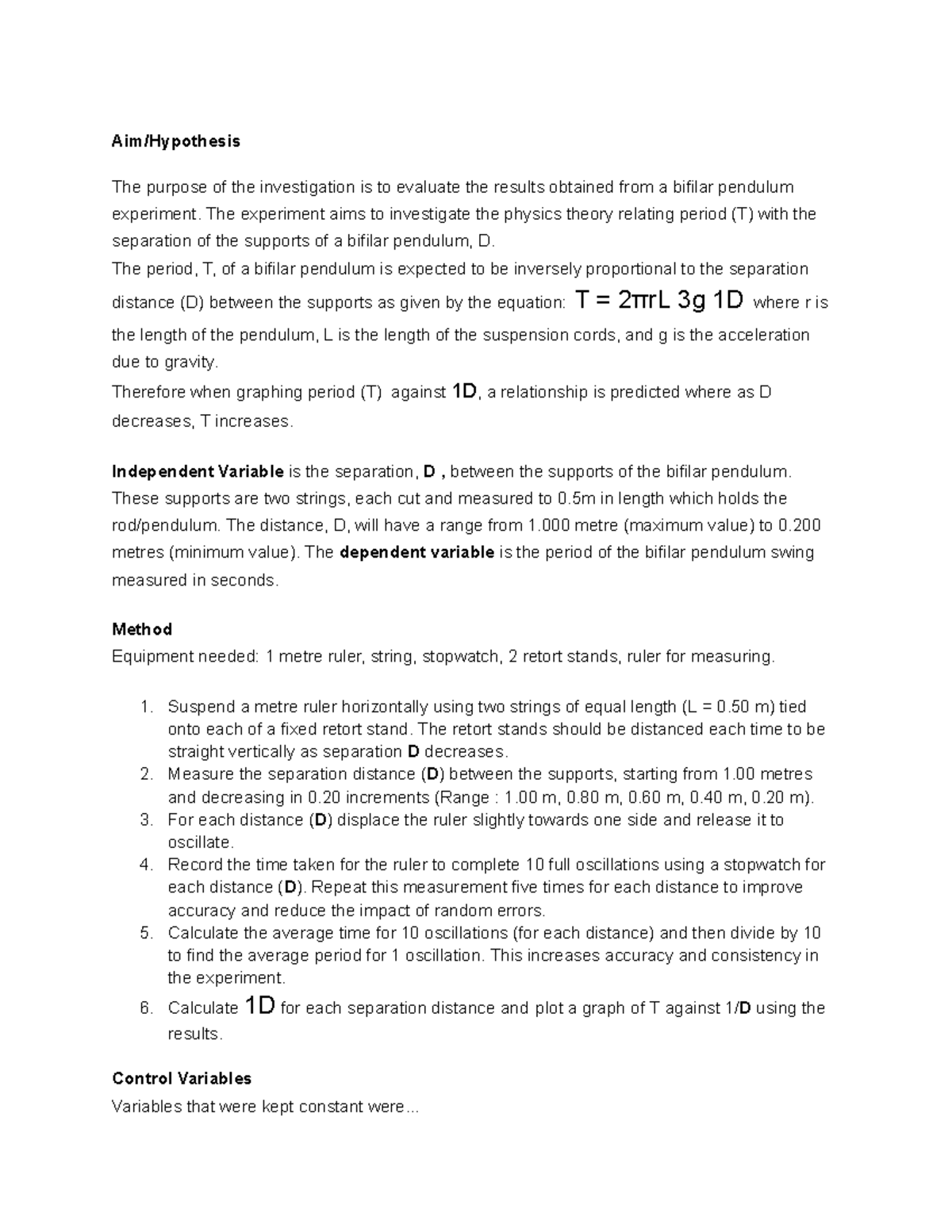 AS91521 Bifilar Pendulum Experiment: Investigating Period vs Support ...