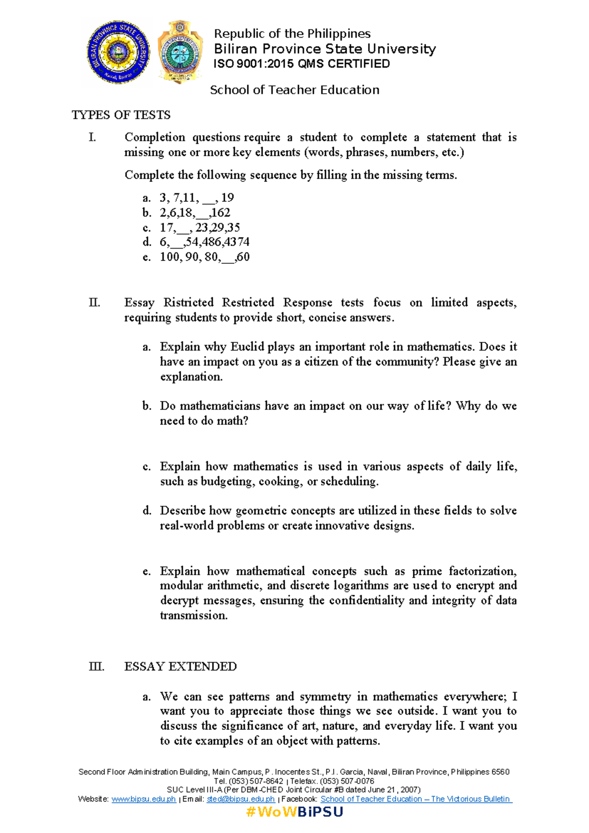 Types of Tests for Mathematics: Completion, Essay, MCQ, and More - Studocu