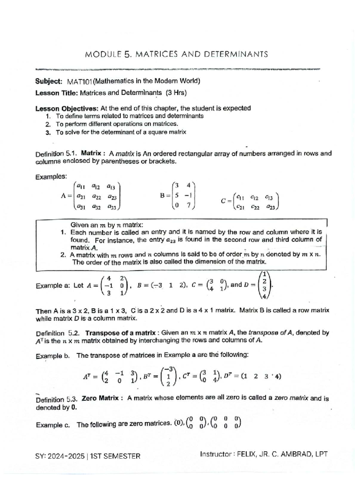 MMW Module 5 Matrices AND Determinants - MODULE 5. MATRICES AND ...