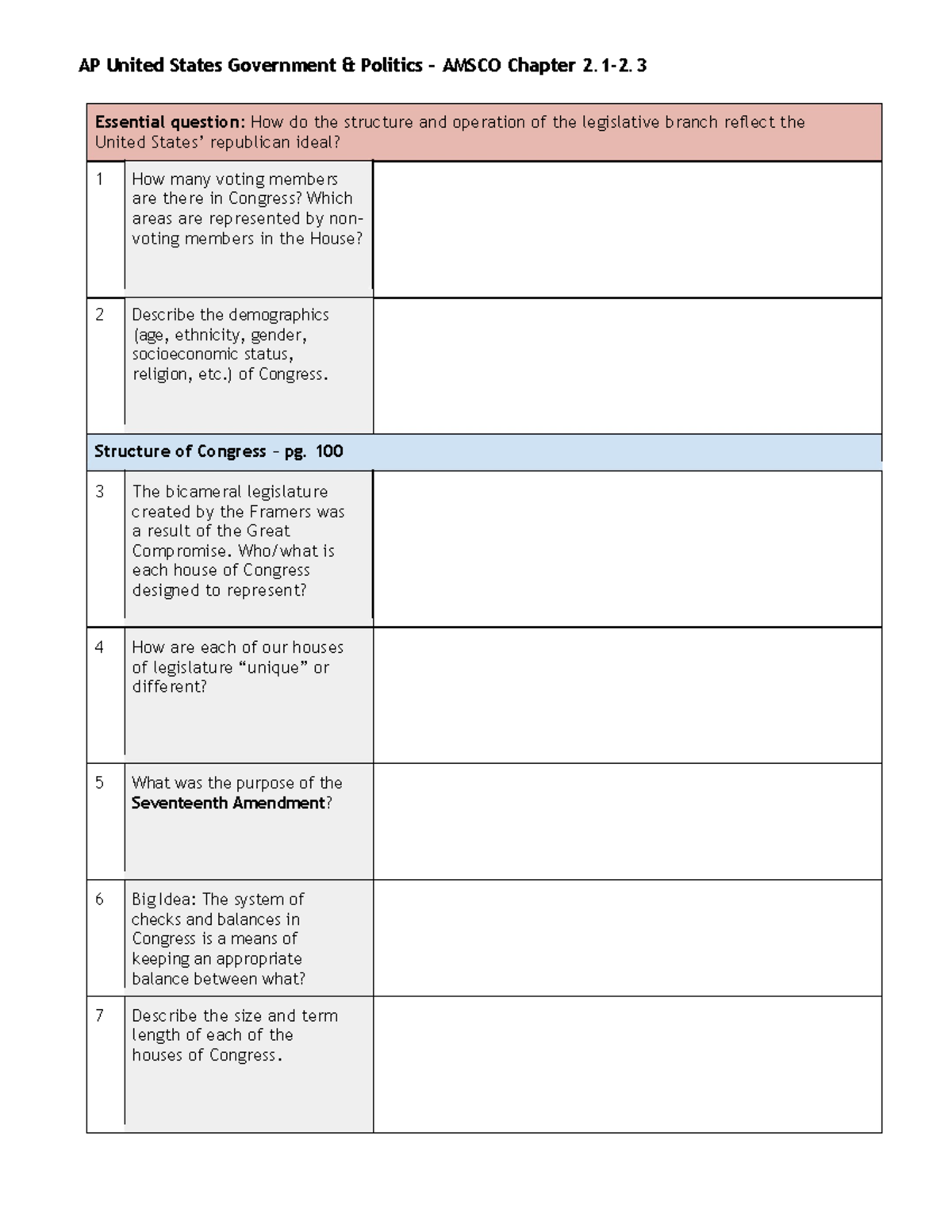 AP US Government & Politics AMSCO Legislative Branch Overview 2.1-2.3 ...
