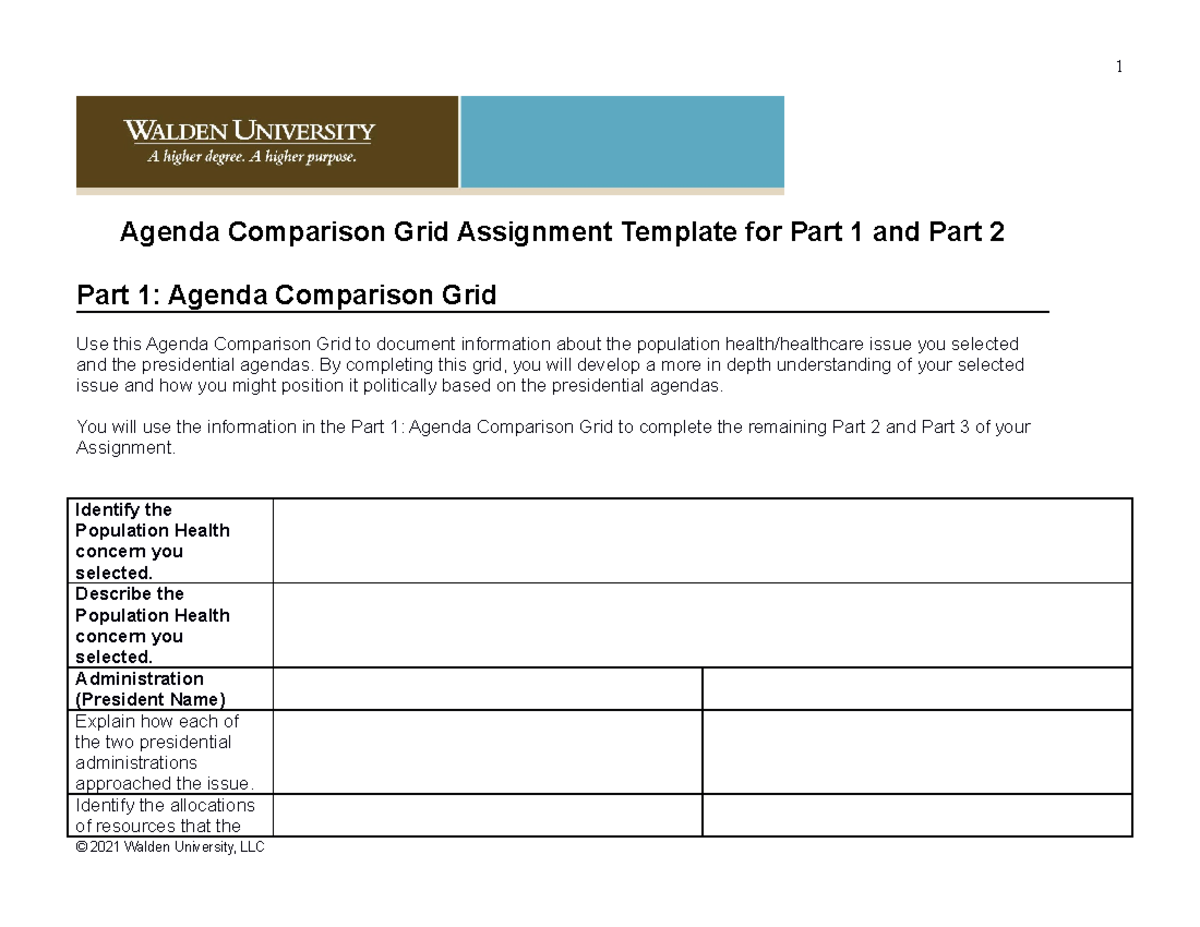 NURS 6050: Agenda Comparison Grid Template for Policy Advocacy ...