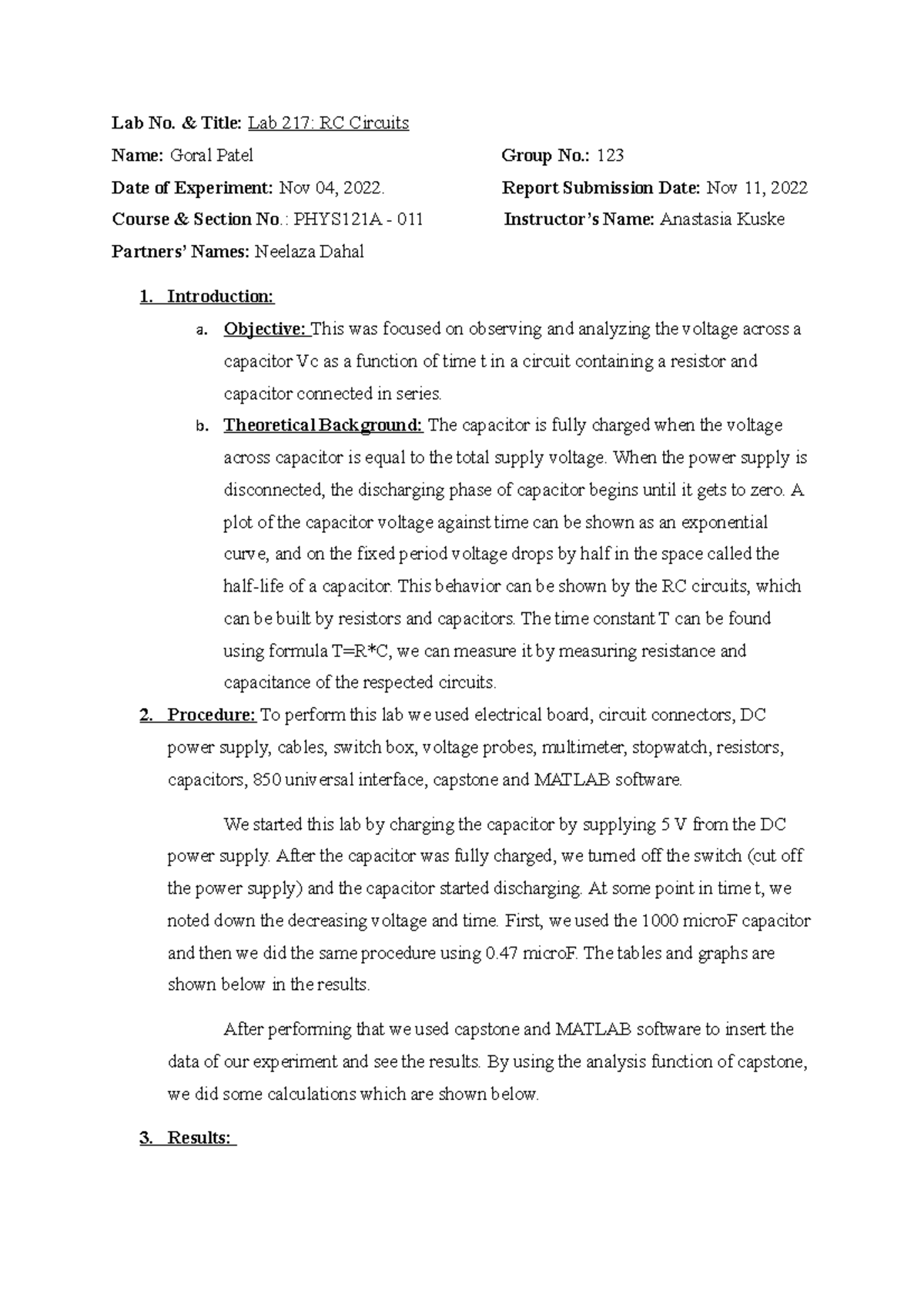 PHYS 121 Lab#7 - This is a Lab report of Physics-2. - Lab No. & Title ...
