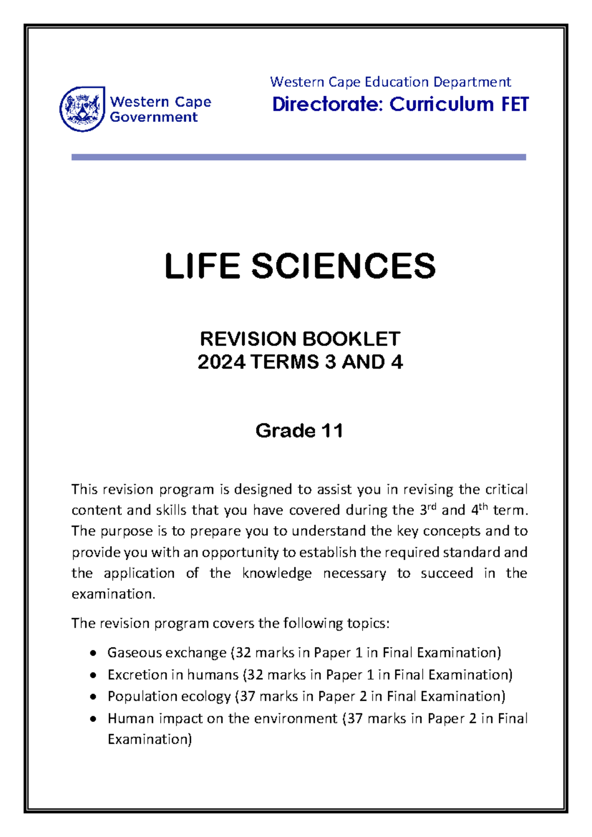 Grade 11 Life Sciences Term 3 & 4 Revision Guide 2024 - Studocu