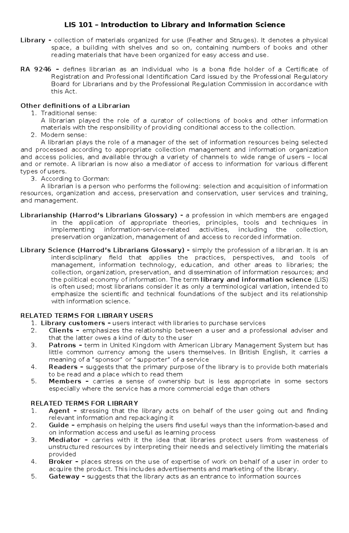 LIS 101 Lecture 1: Introduction to Library & Information Science - Studocu