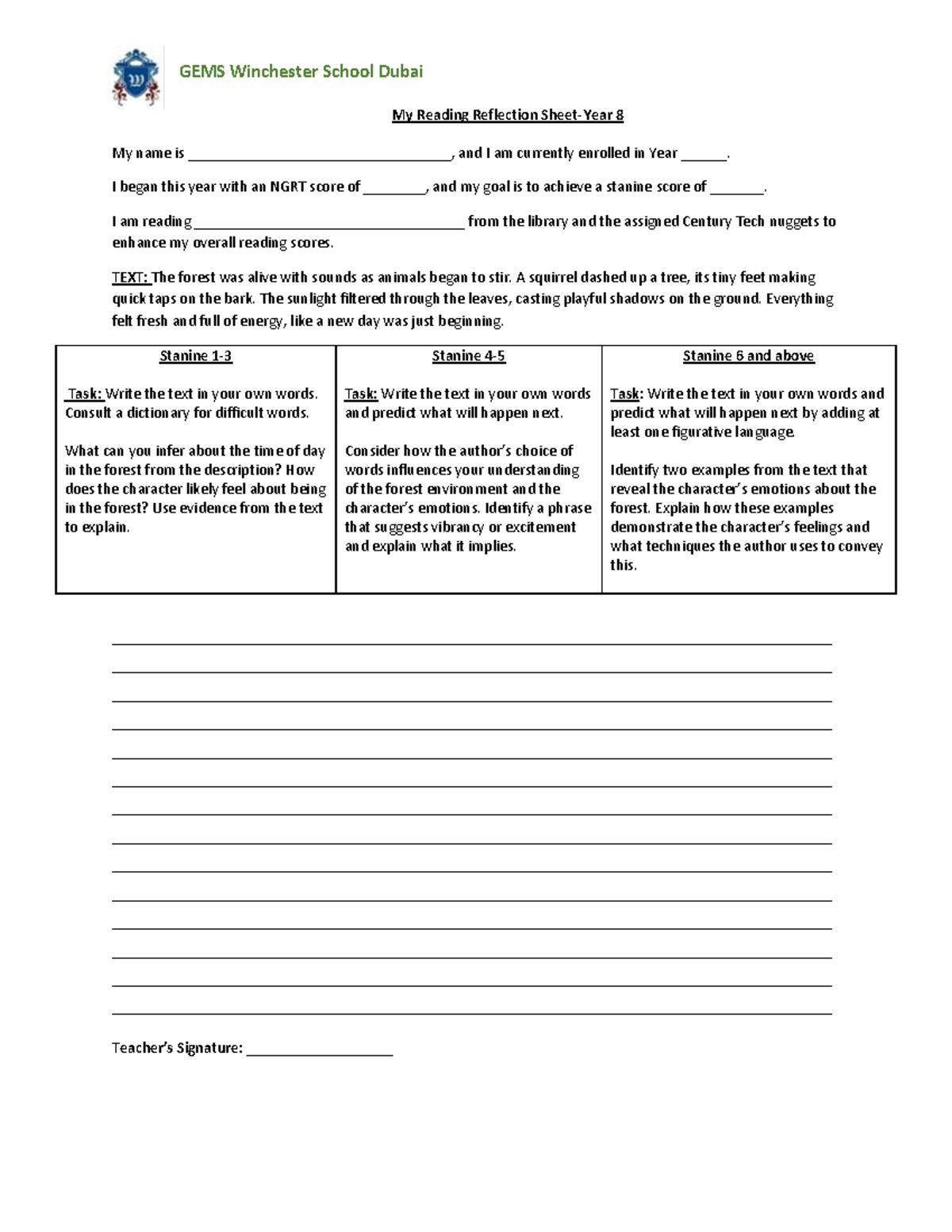 NGRT Reflection Sheet: Year 8 Reading Experience - Studocu