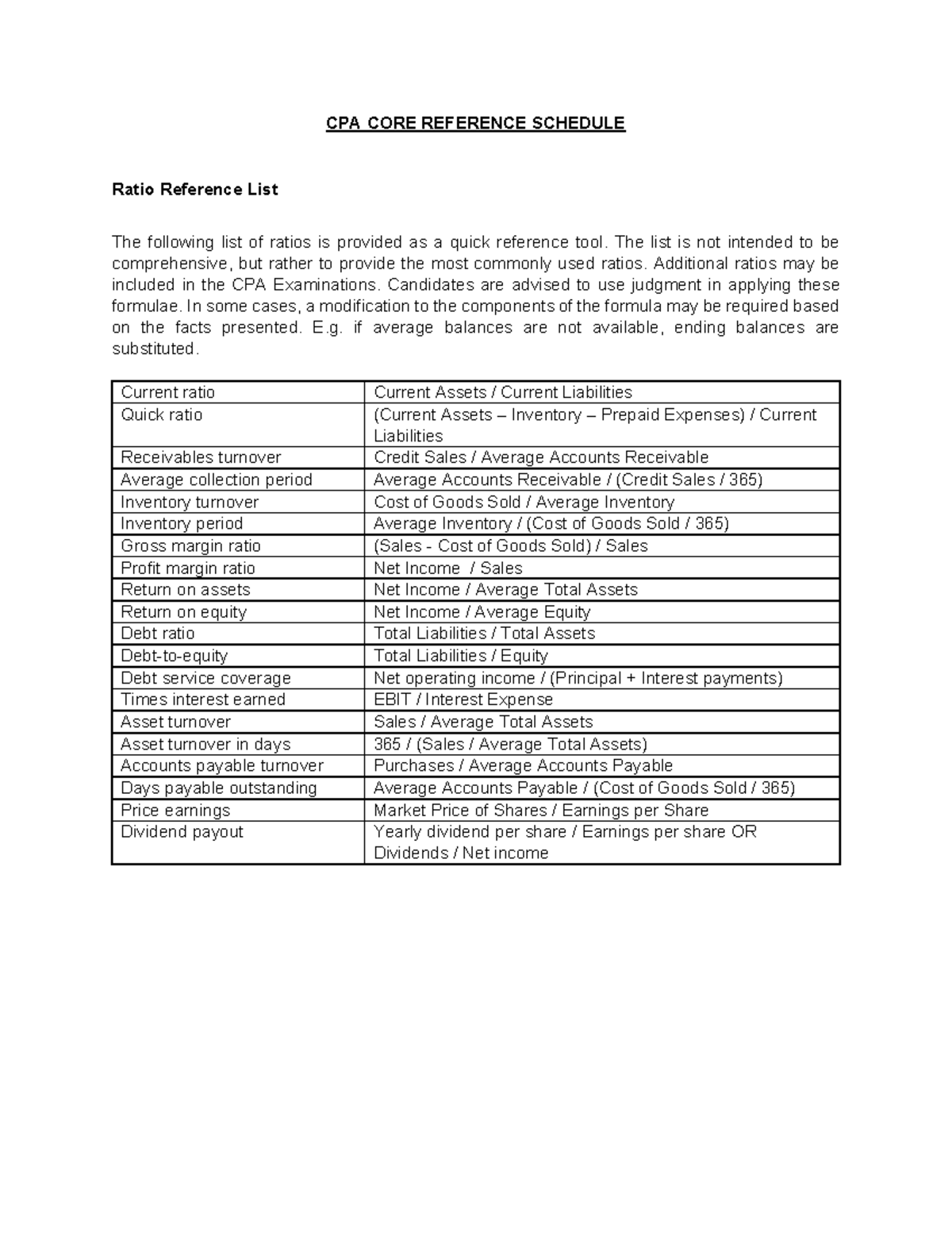 CFE Ratio Reference Notes 2023-2024 - CPA Canada Guide - Studocu