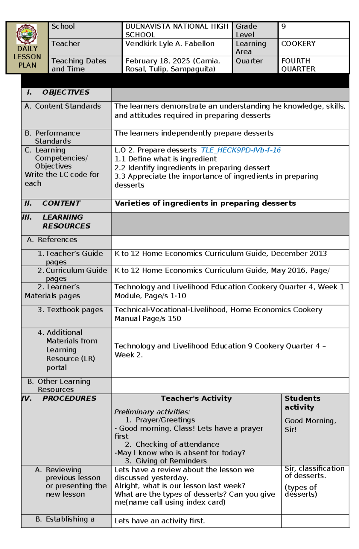 Ingredients for Dessert Preparation: Lesson Plan W2 (Grade 9) - Studocu