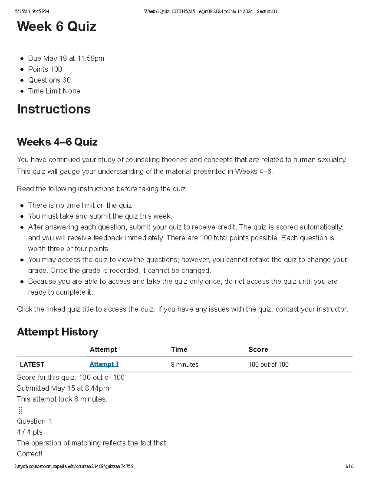 Week 6 Quiz COUN5225 - Answers and Insights (Score: 100/100) - Studocu