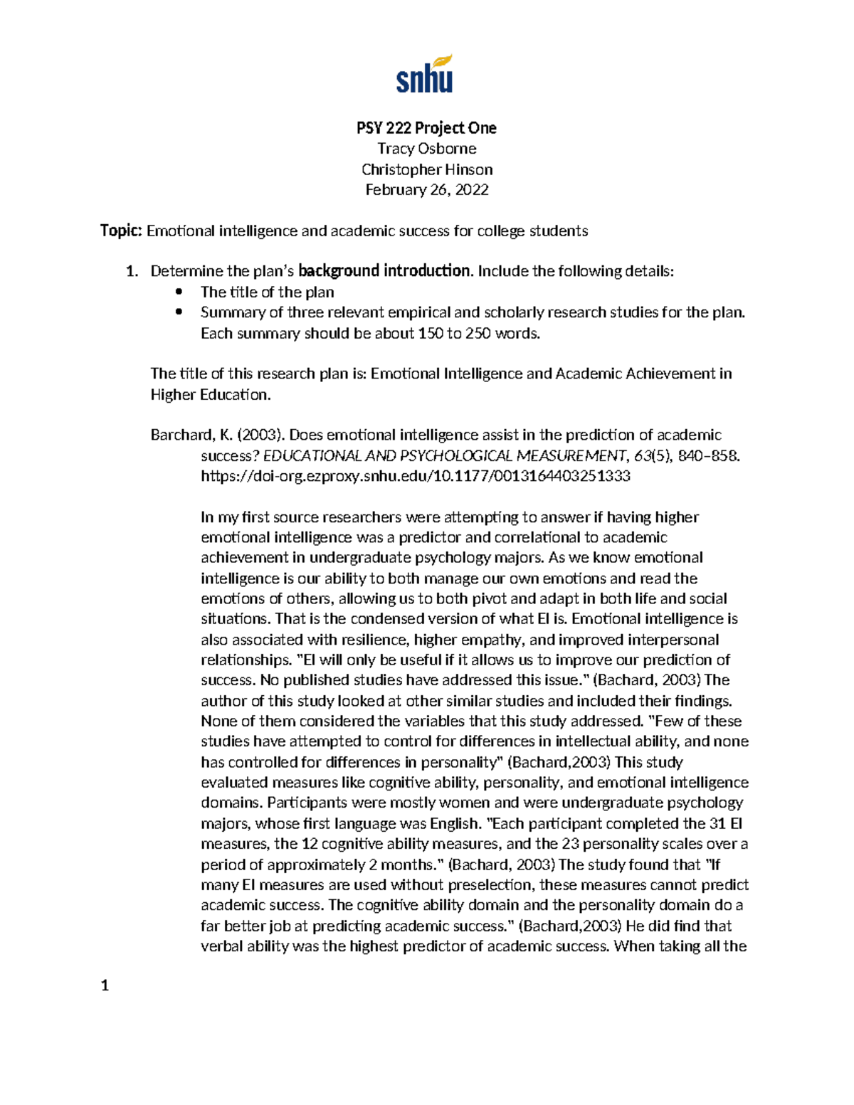 PSY222 Project 1 EI and AP - PSY 222 Project One Tracy Osborne ...