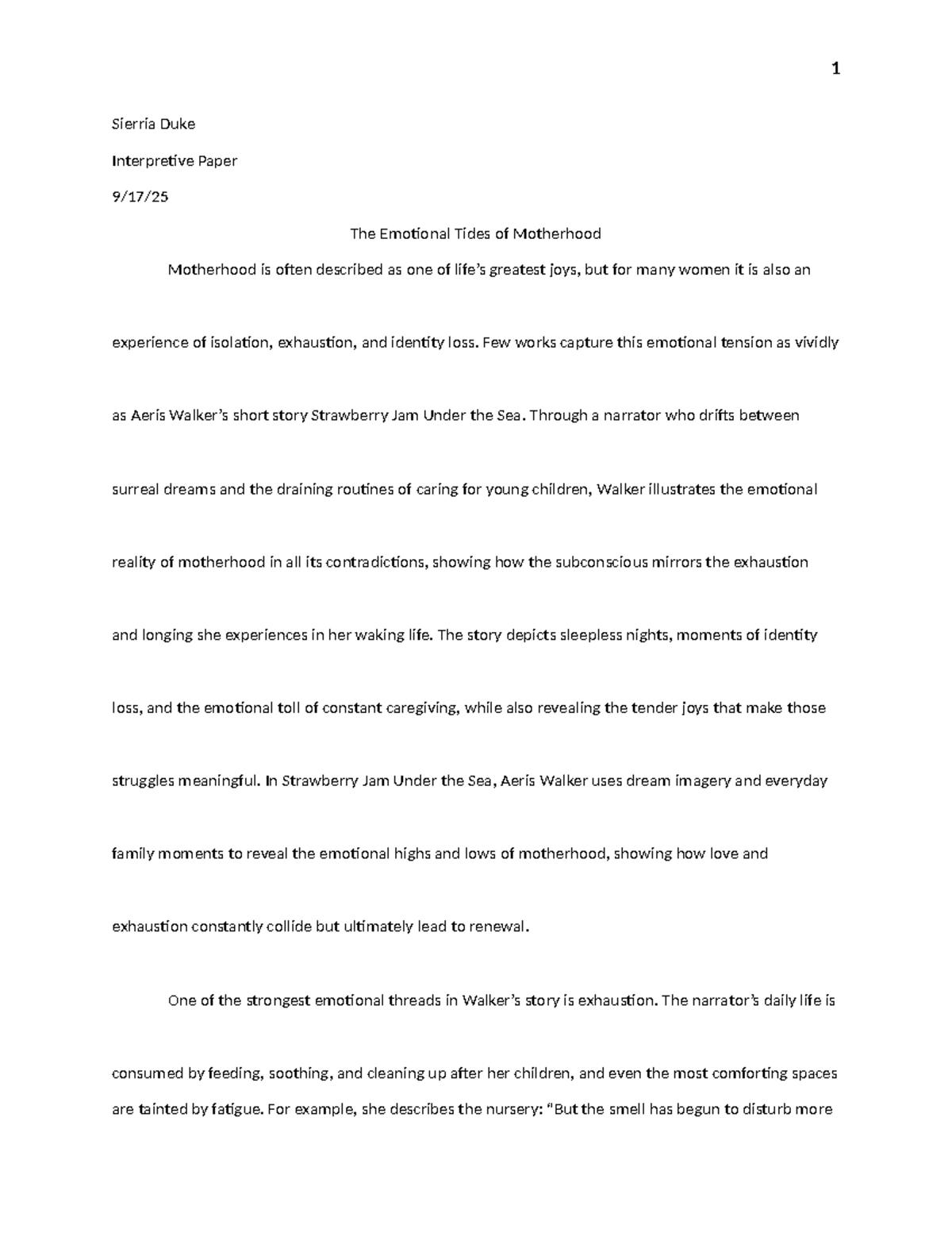ENG 101 Interpretive Paper: The Emotional Tides of Motherhood - Studocu