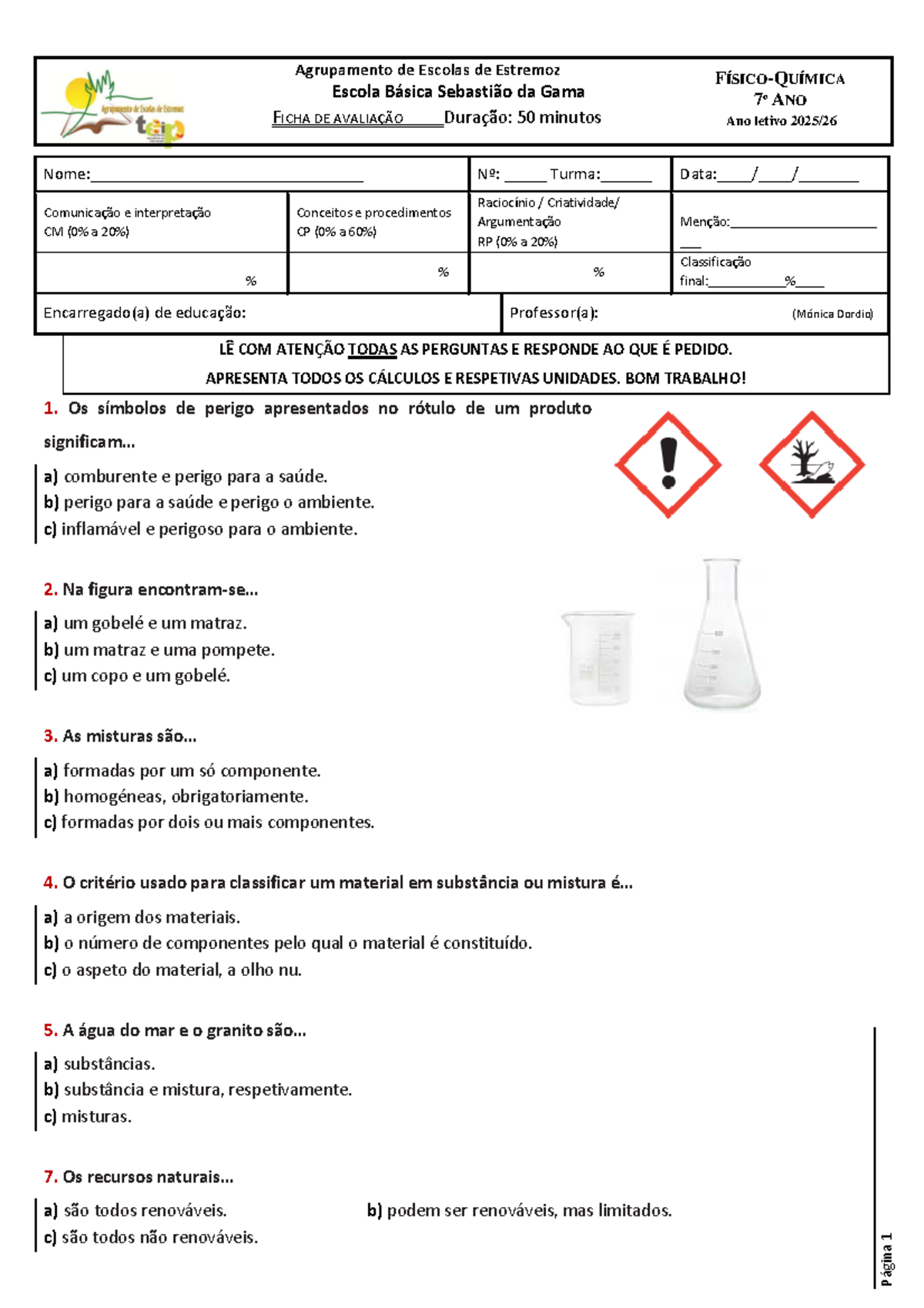 Teste 7º Ano - Avaliação de Conceitos de Soluções e Concentração ...