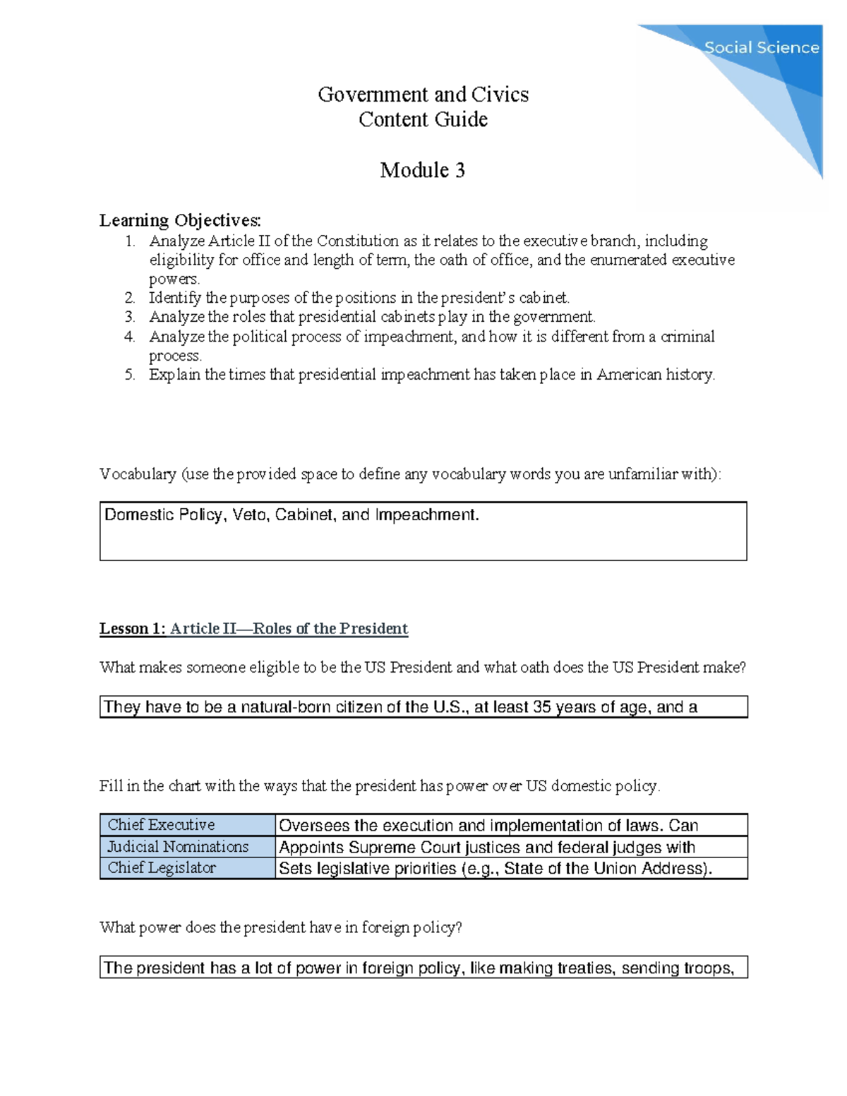 Government and Civics Module 3: Executive Branch & Impeachment Insights ...