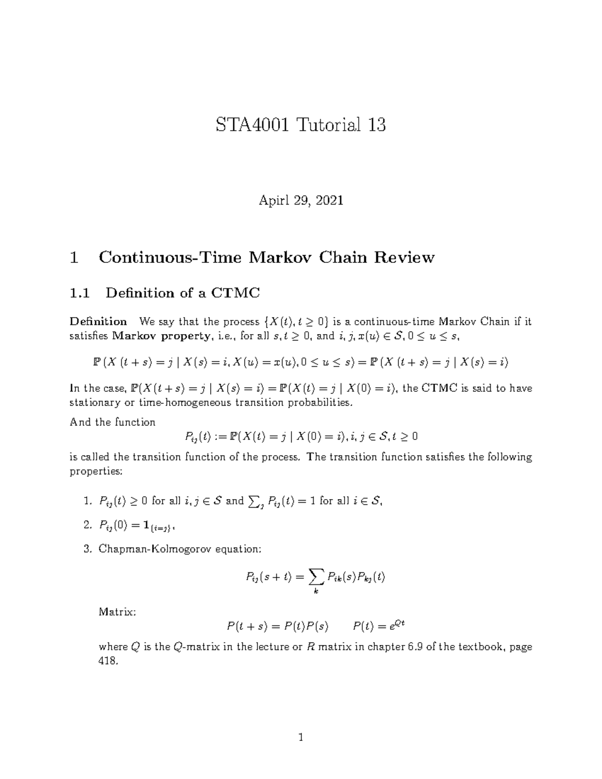 STA4001 tut 13 - Tut Notes - STA4001 Tutorial 13 Apirl 29, 2021 1 ...