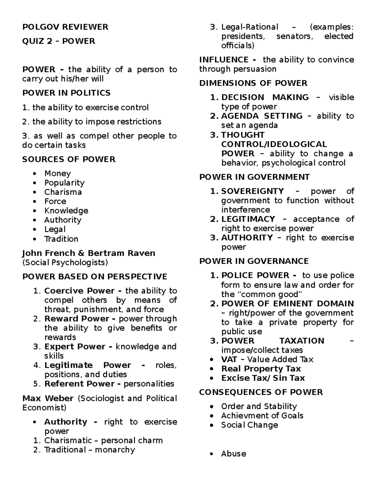 POLGOV REVIEWER QUIZ 2: UNDERSTANDING POWER IN POLITICS - Studocu