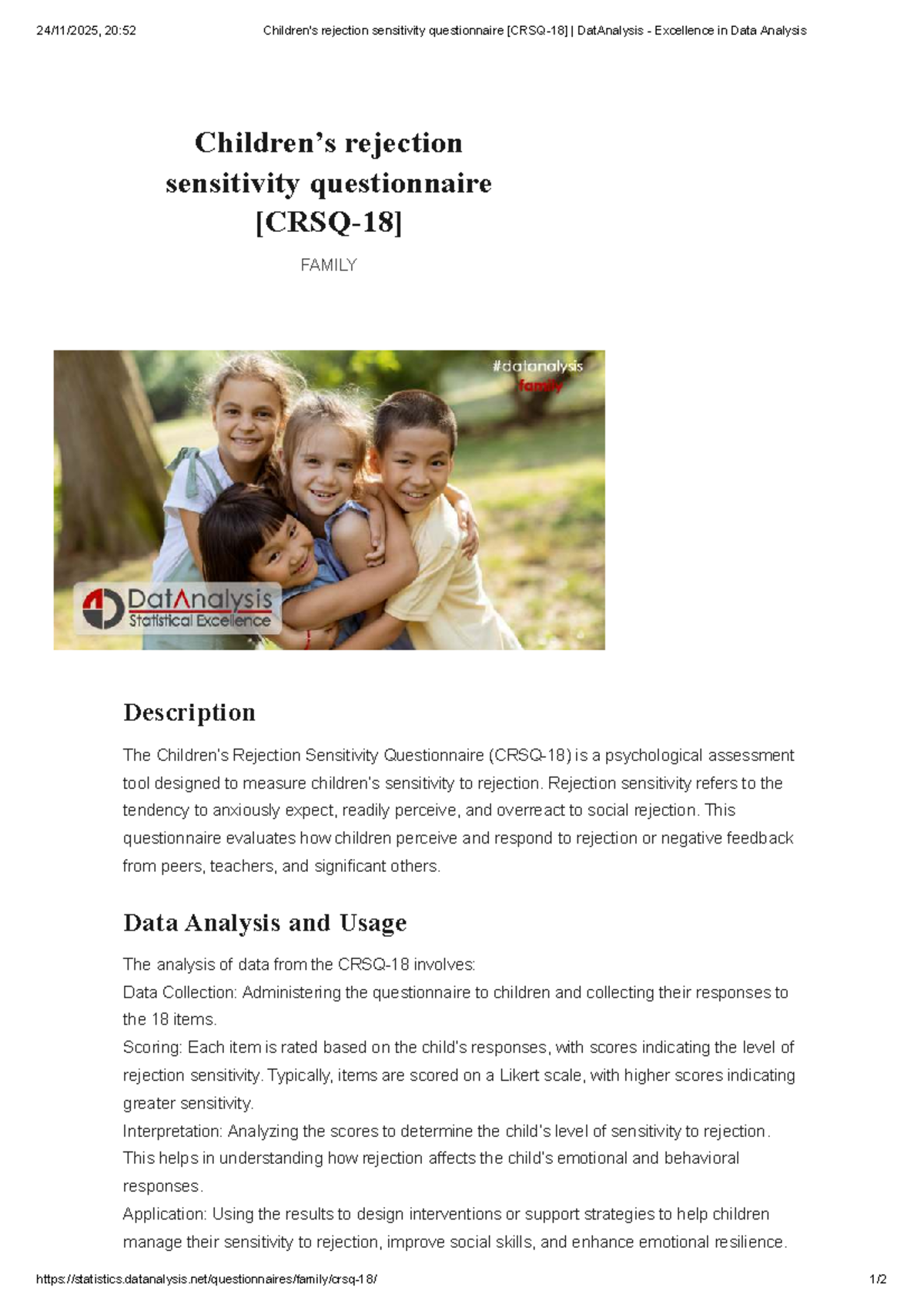 Children's Rejection Sensitivity Questionnaire [CRSQ-18] Data Analysis ...