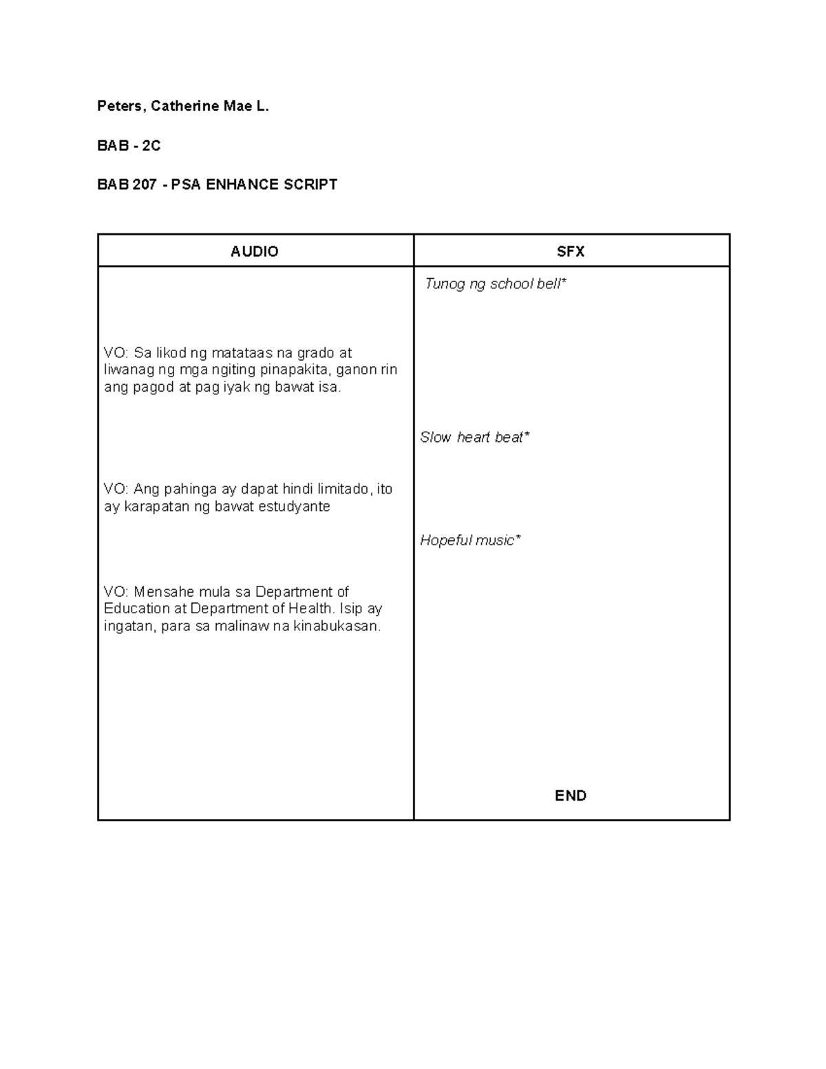 PSA script in production - Gender and Society - Peters, Catherine Mae L ...