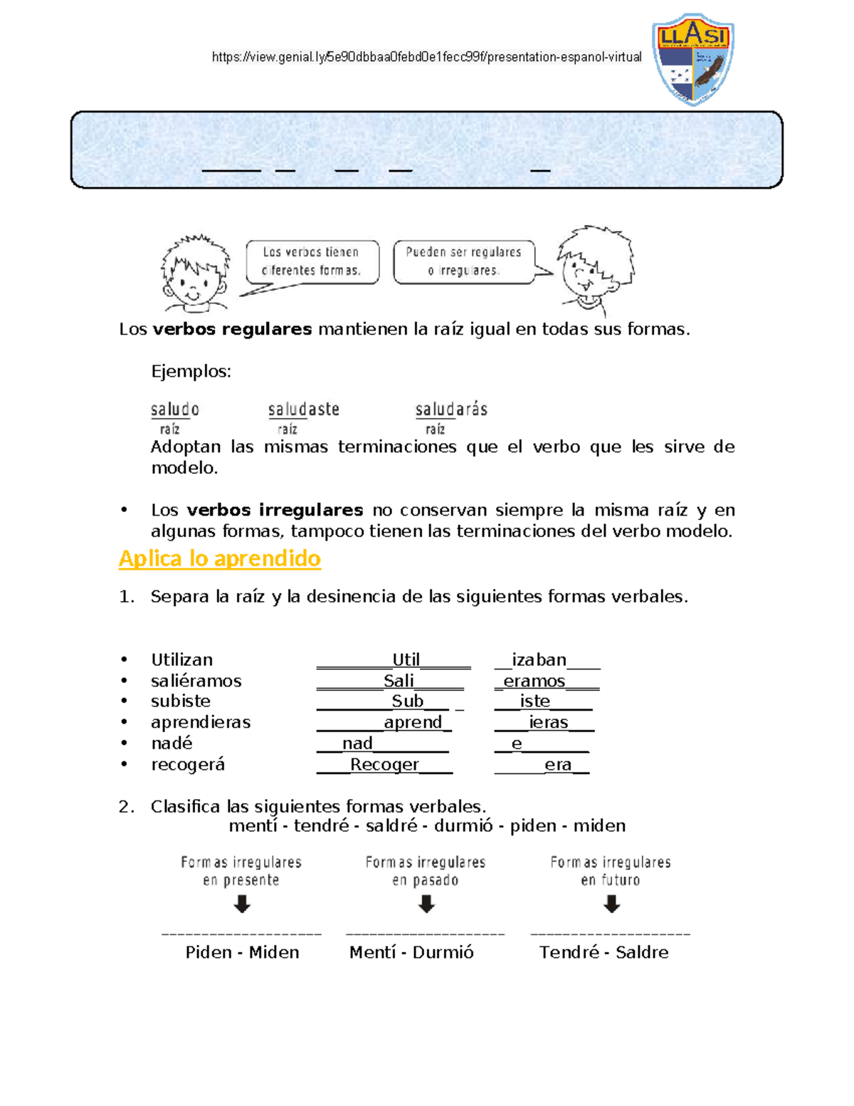 Verbos Regulares e Irregulares: Ficha de Trabajo (Español) - Studocu